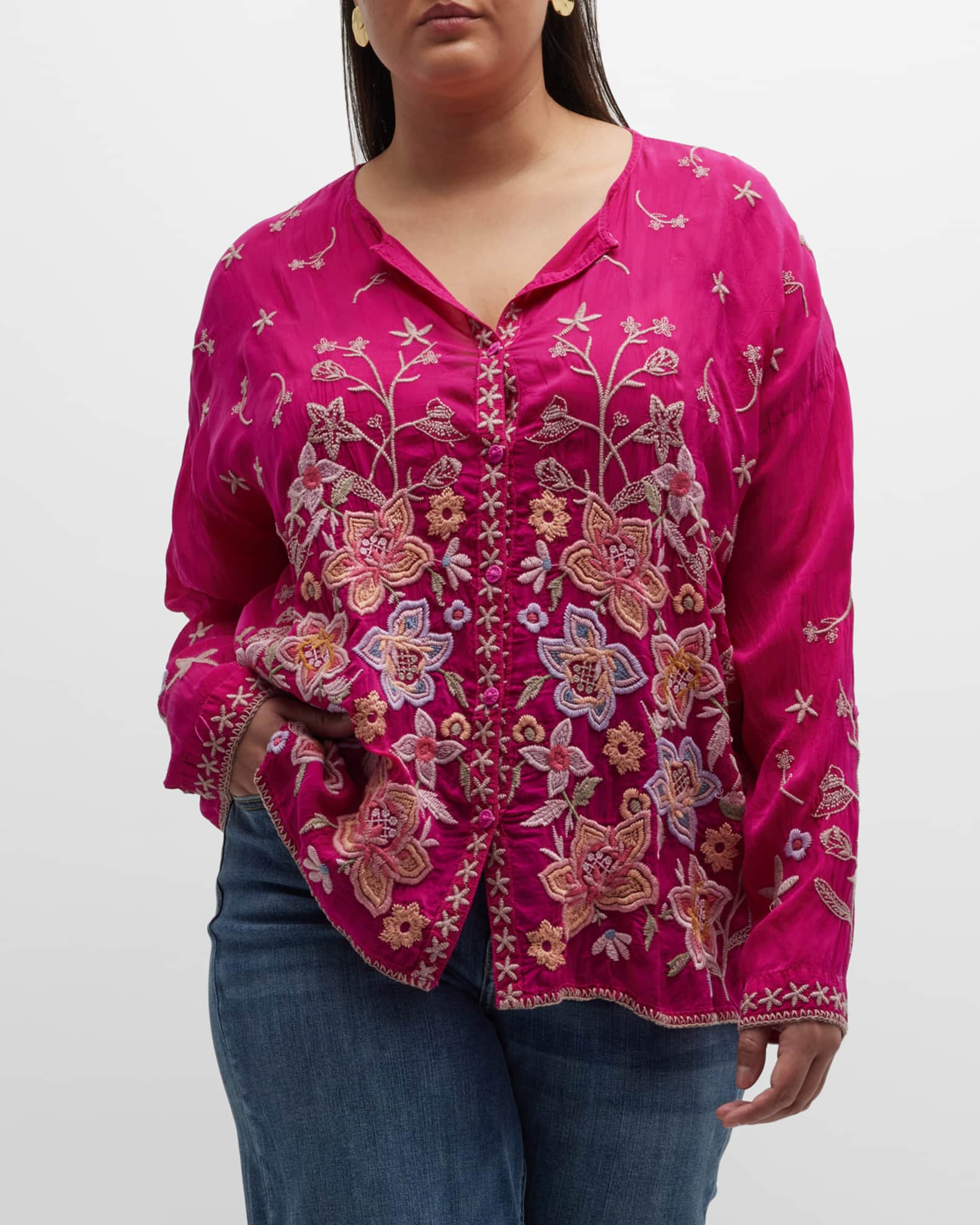 Johnny Was Plus Size Jenai Floral-Embroidered Blouse | Neiman Marcus