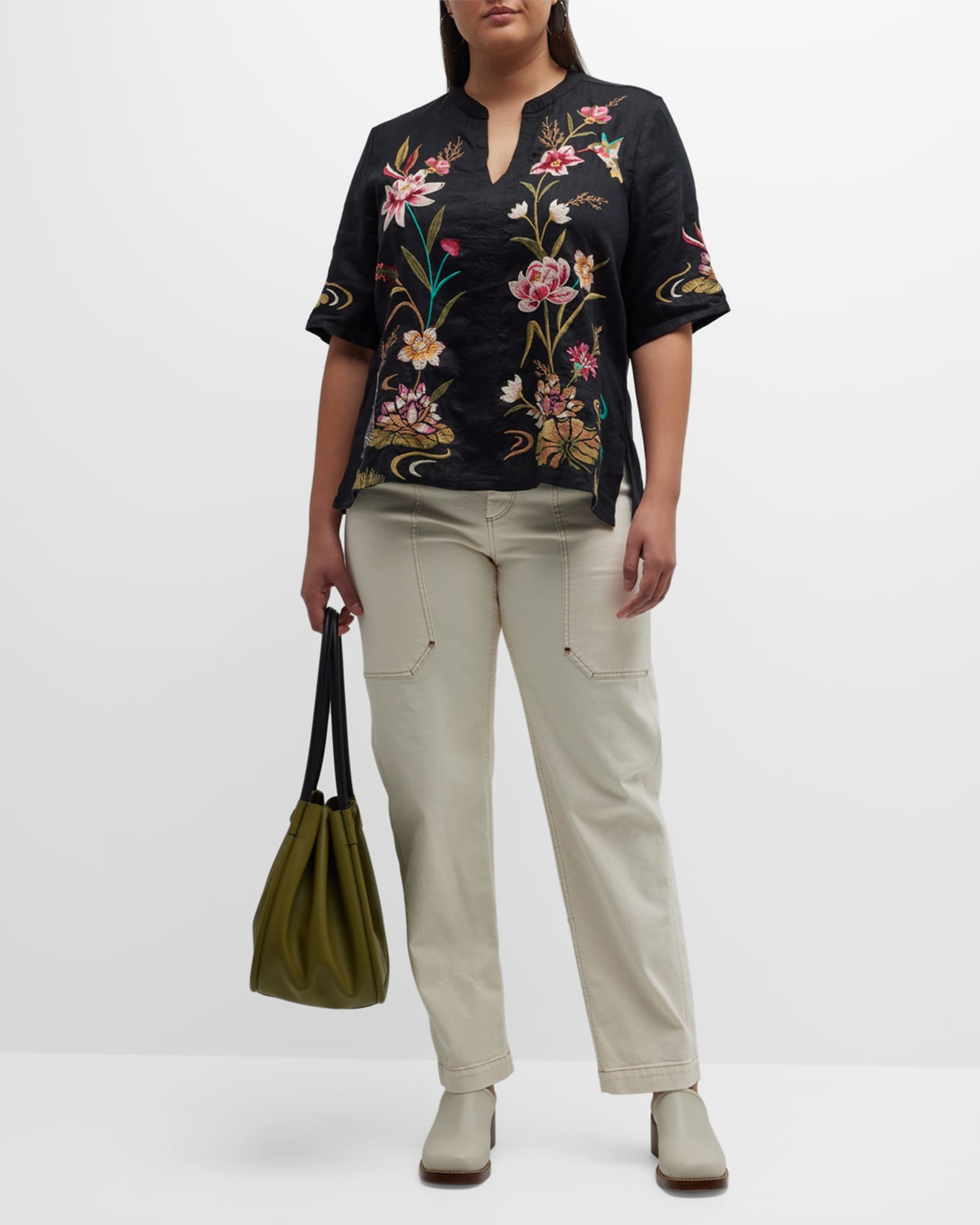 Johnny Was Plus Size Maisie Embroidered Split-Neck Top | Neiman Marcus