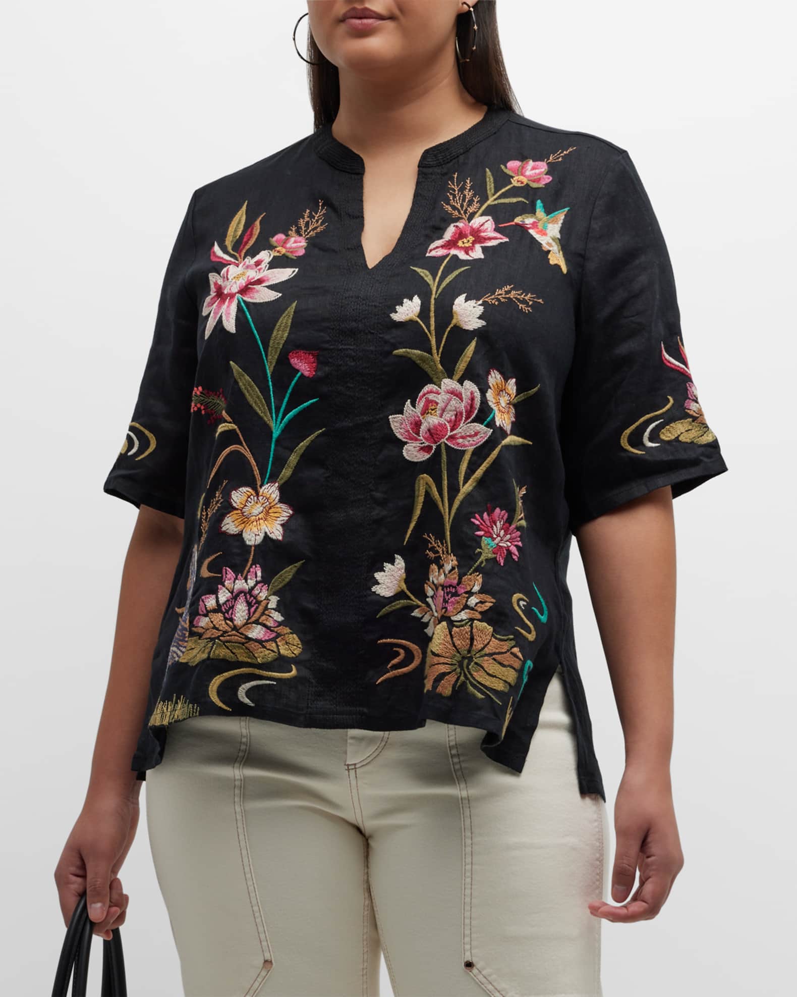 Johnny Was Plus Size Maisie Embroidered Split-Neck Top | Neiman Marcus