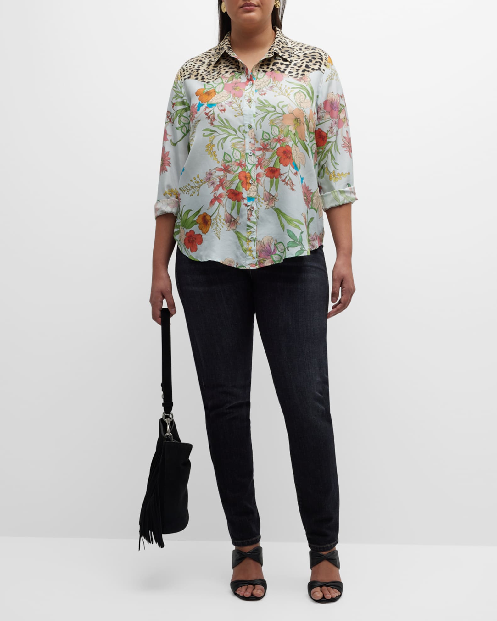 Johnny Was Plus Size Liliana Printed Silk Western Shirt | Neiman Marcus