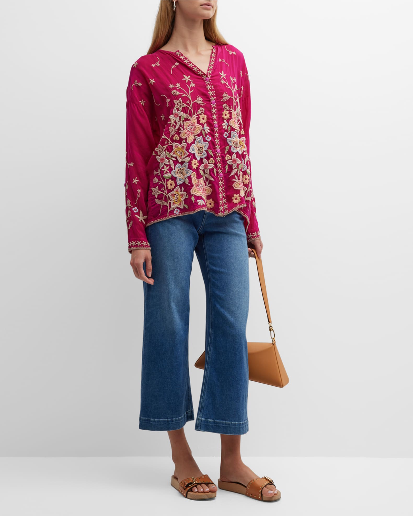 Johnny Was Jenai Floral Embroidered Button-Front Blouse | Neiman Marcus