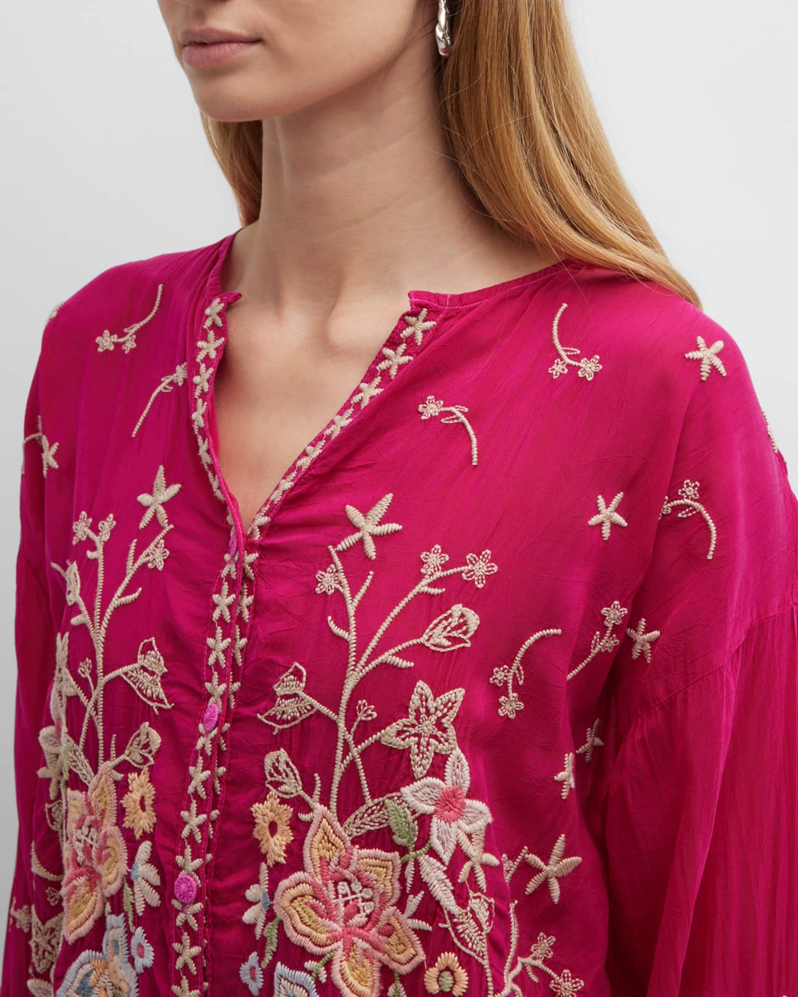 Johnny Was Jenai Floral Embroidered Button-Front Blouse | Neiman Marcus
