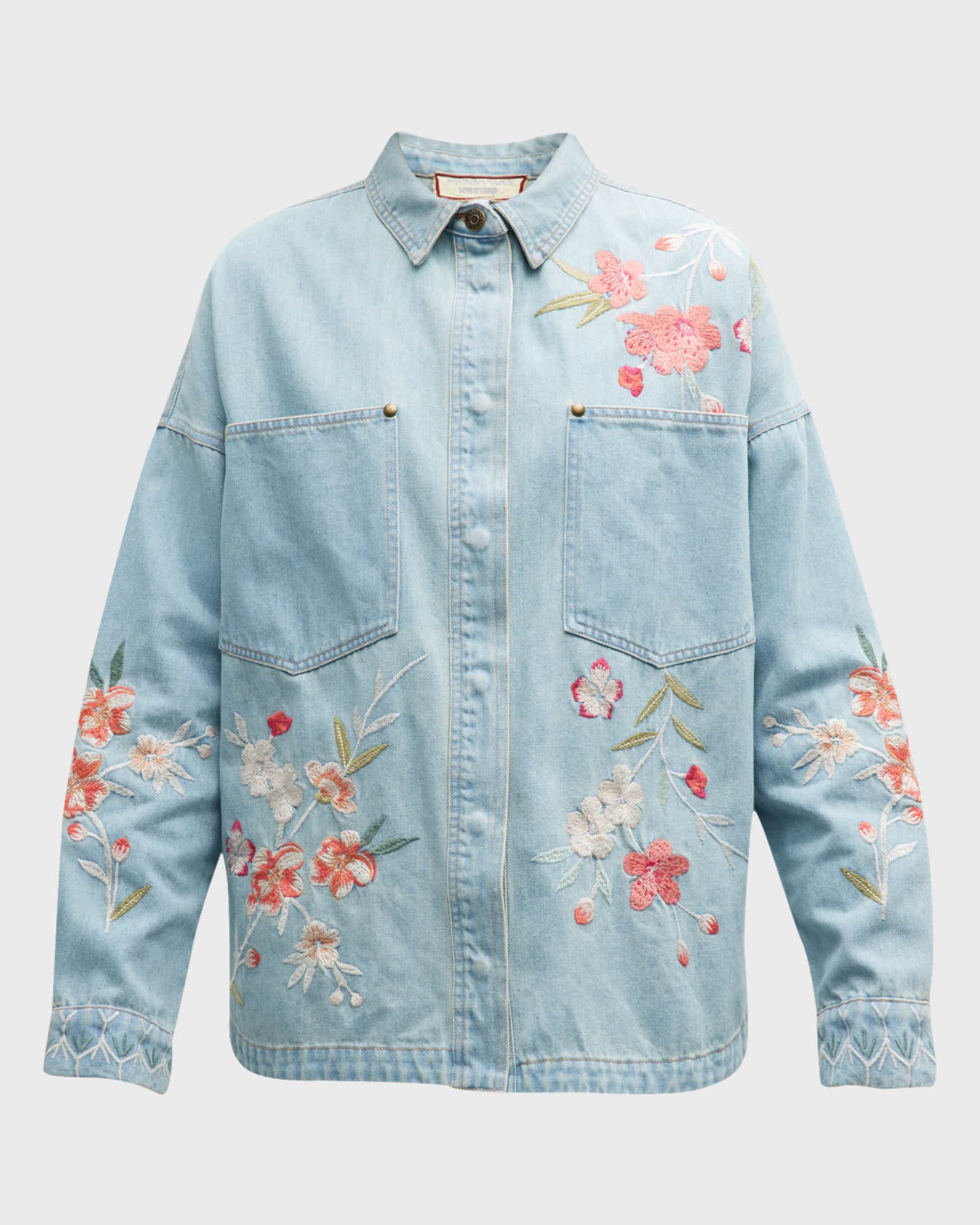 Johnny Was Cherri Floral-Embroidered Denim Overshirt | Neiman Marcus