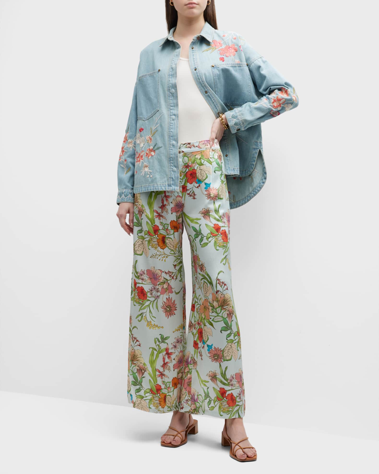 Johnny Was Cherri Floral-Embroidered Denim Overshirt | Neiman Marcus