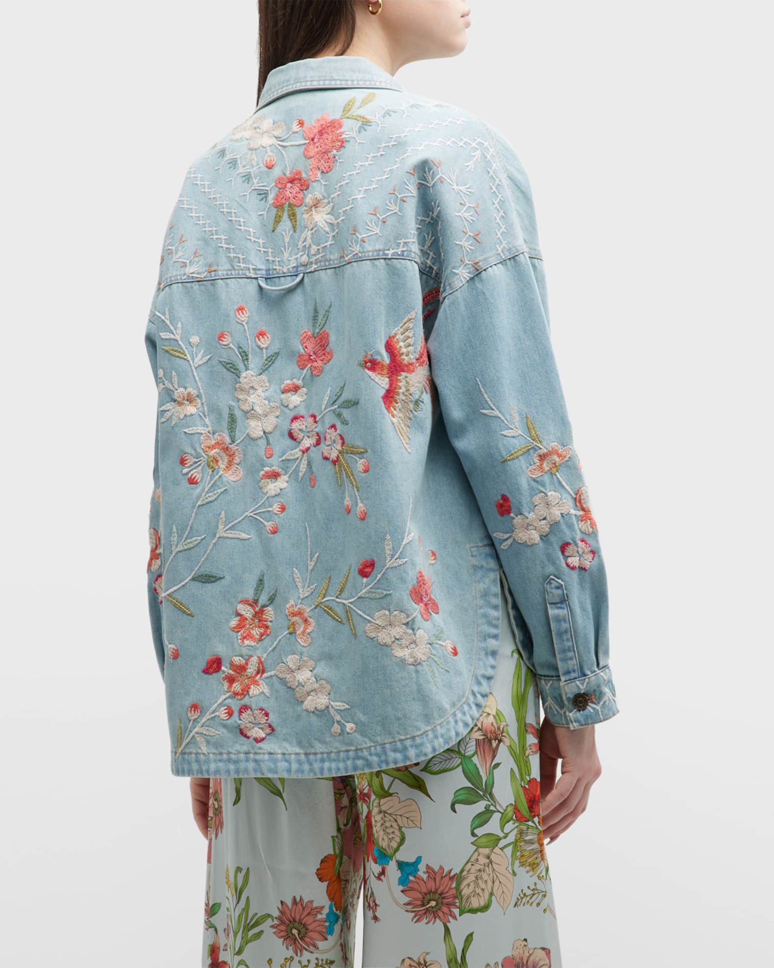 Johnny Was Cherri Floral-Embroidered Denim Overshirt | Neiman Marcus