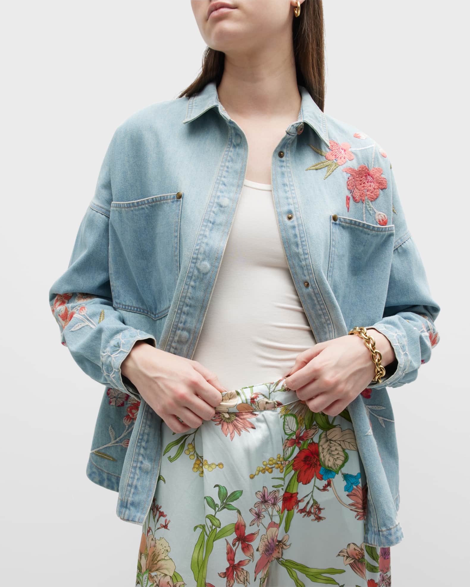 Johnny Was Cherri Floral-Embroidered Denim Overshirt | Neiman Marcus