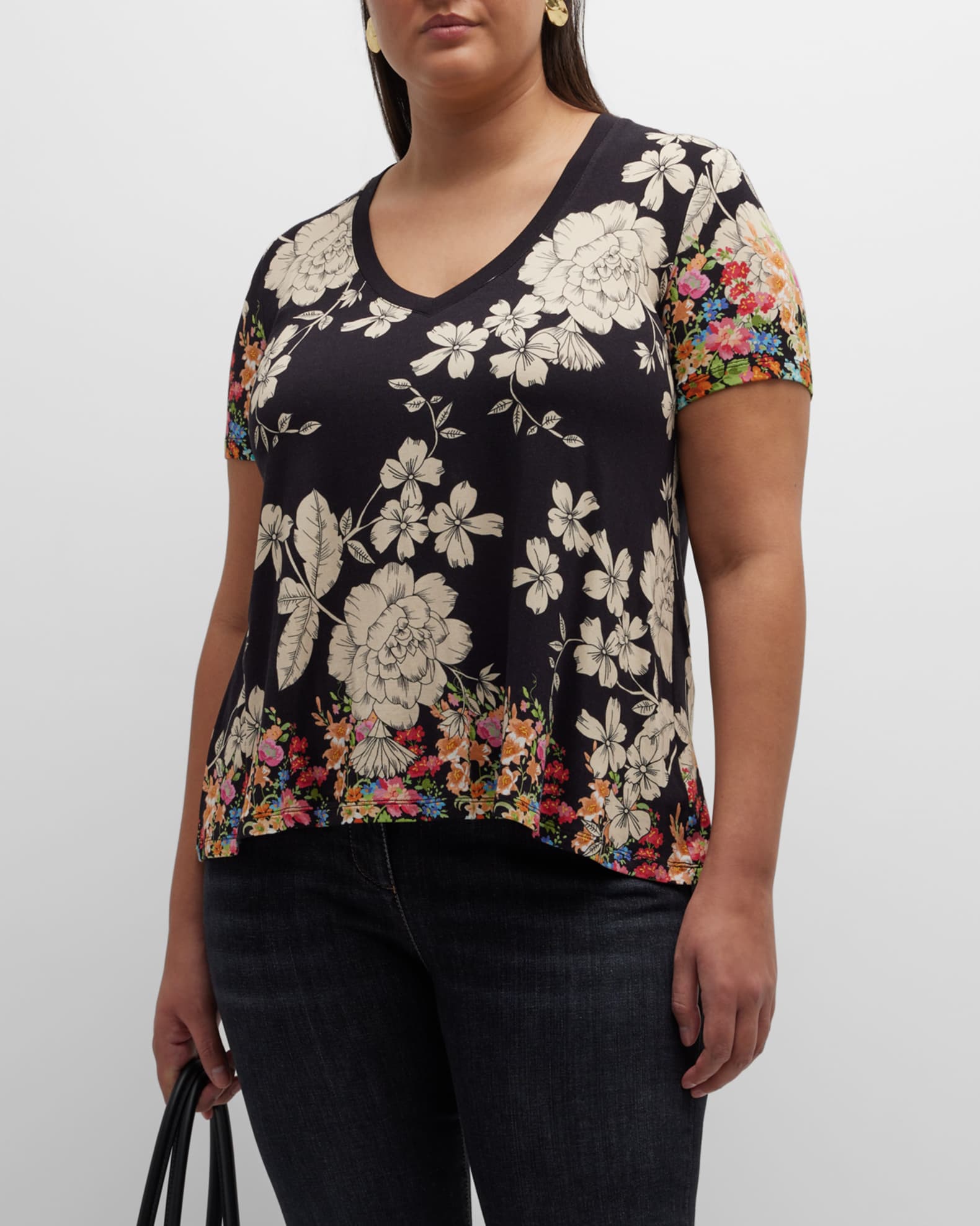 Johnny Was Plus Size Redland Floral-Print V-Neck Tee | Neiman Marcus