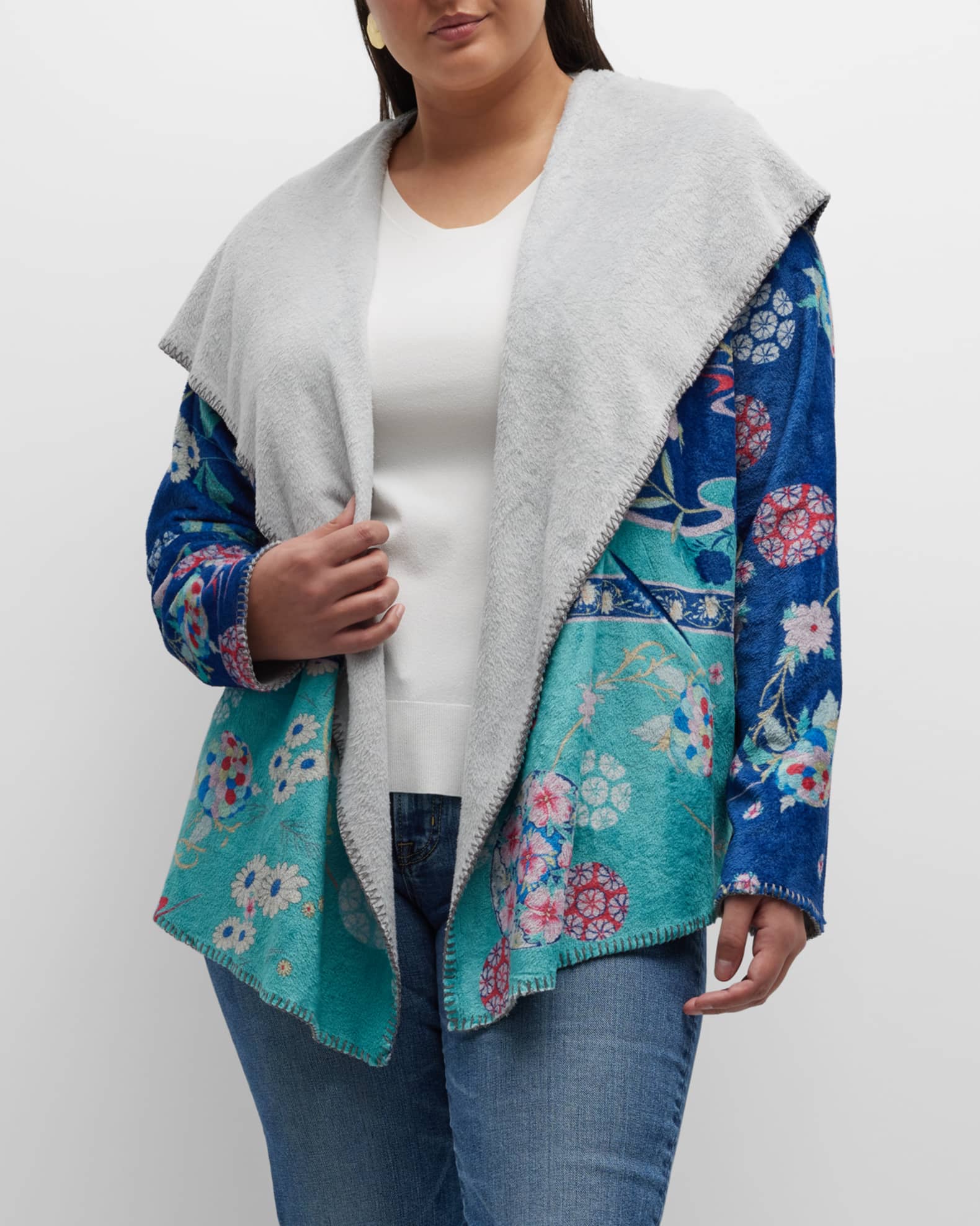 Johnny Was Plus Size Morning Floral-Print Sherpa Jacket | Neiman Marcus