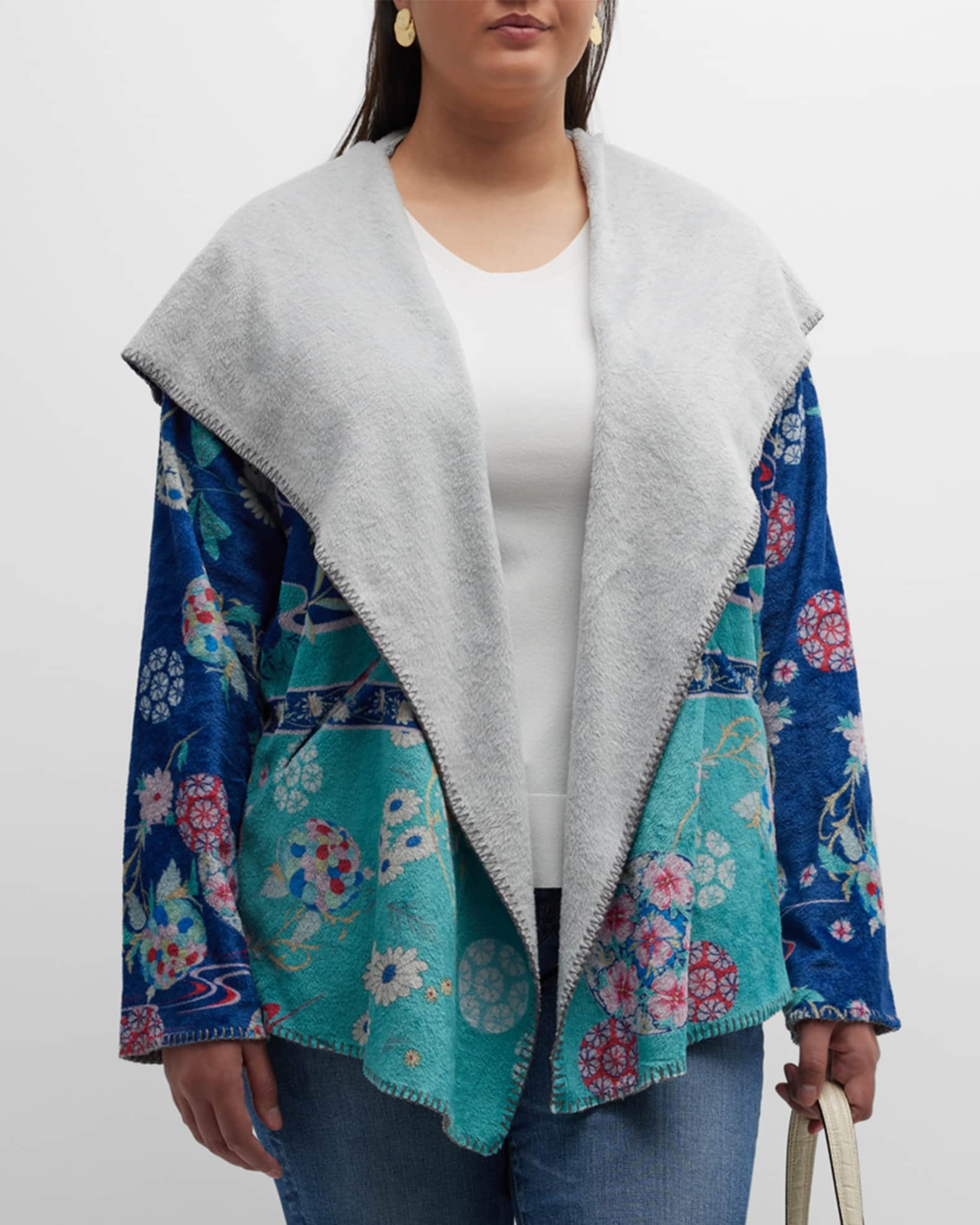 Johnny Was Plus Size Morning Floral-Print Sherpa Jacket | Neiman Marcus