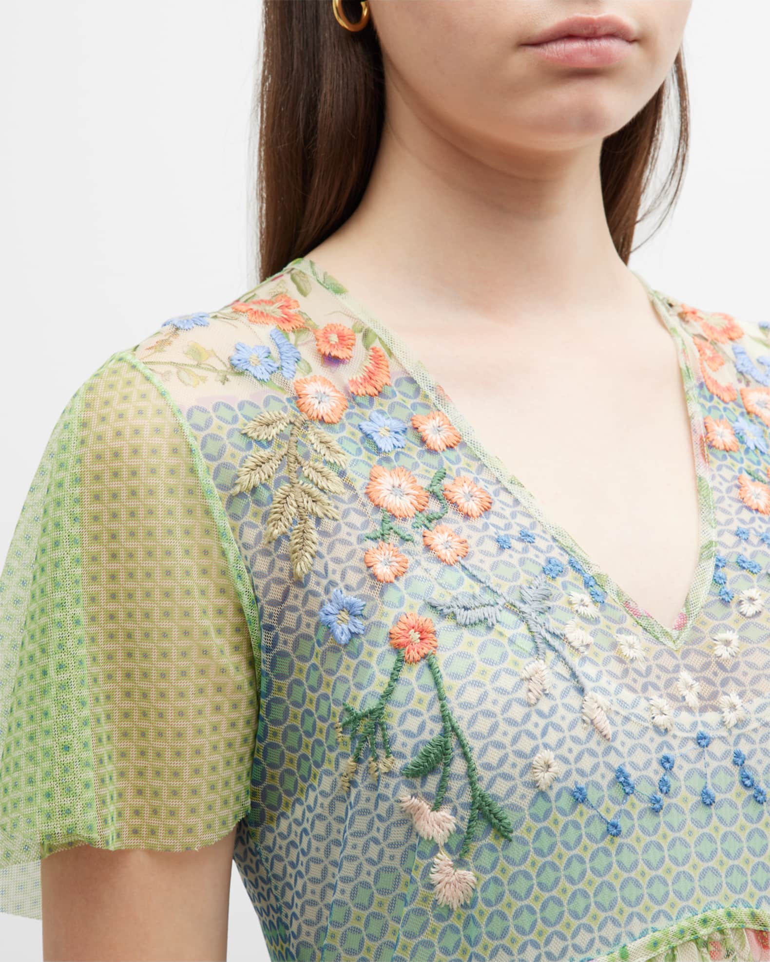 Johnny Was Winx Embroidered Patchwork-Print Mesh Dress | Neiman Marcus