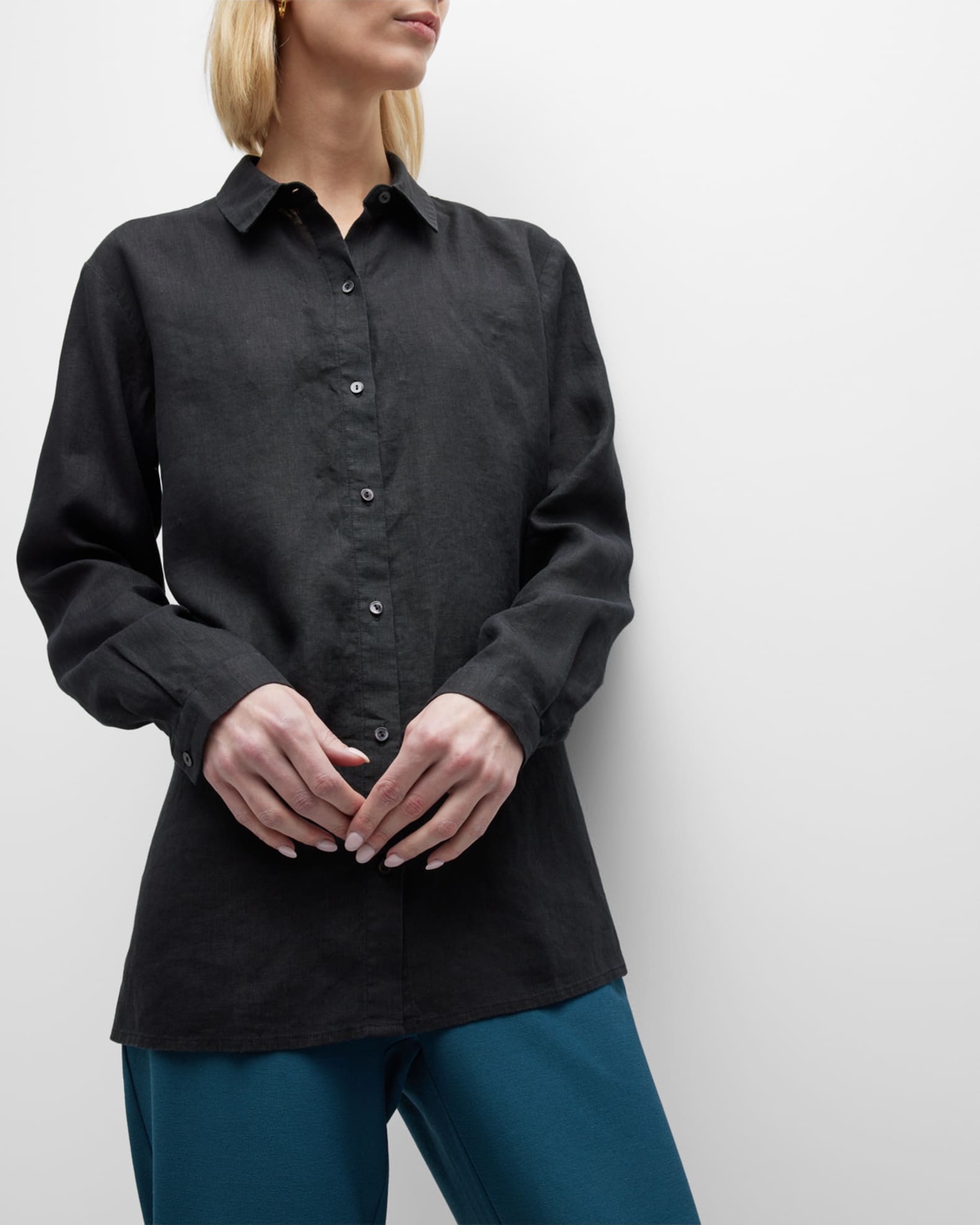 Eileen Fisher Side-Slit Button-Down Linen Shirt | Neiman Marcus