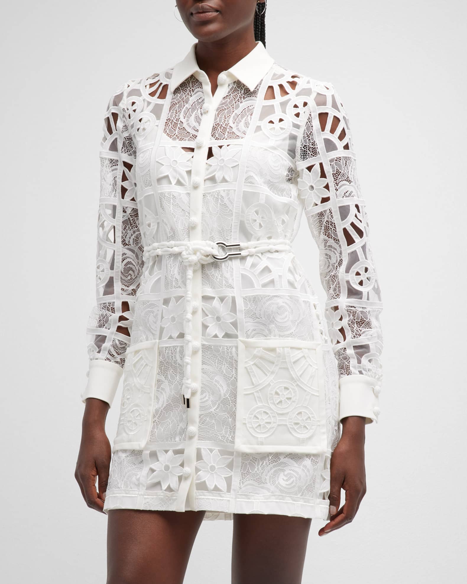 Alexis Tali Belted Cutwork Lace Mini Dress | Neiman Marcus