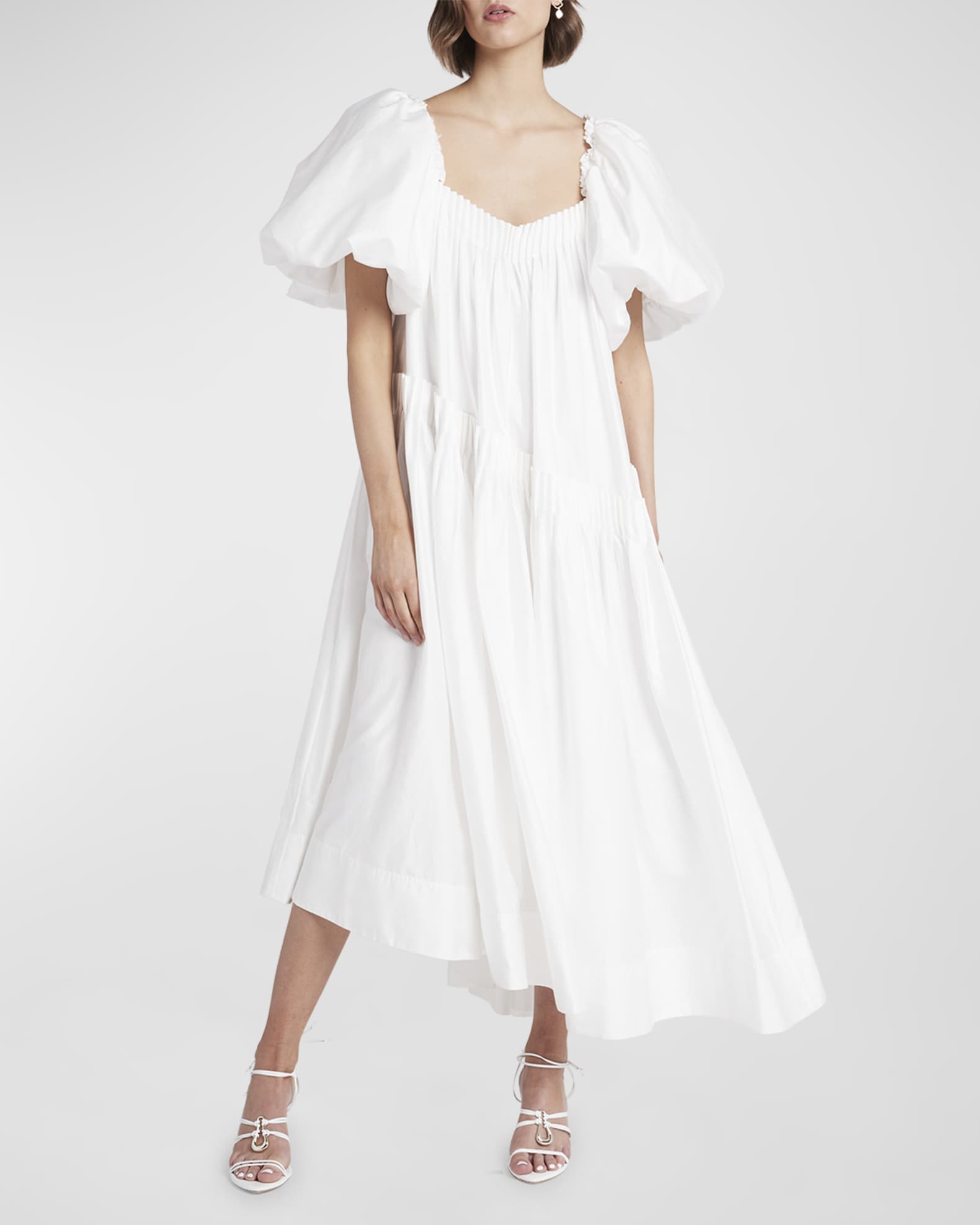 Aje Severine Smock Puff-Sleeve Asymmetric Midi Dress | Neiman Marcus