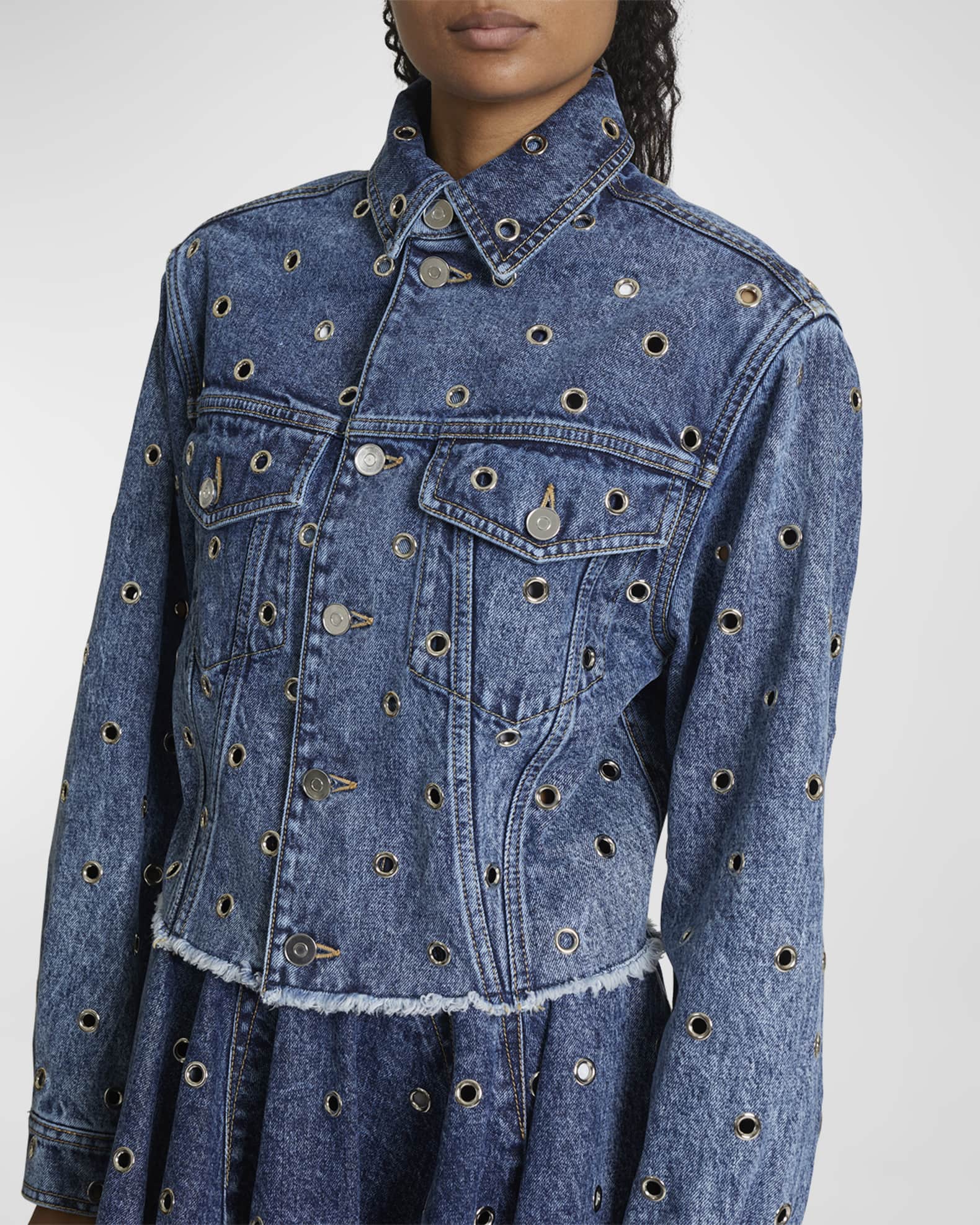 ALAIA Grommet Eyelet Crop Denim Jacket | Neiman Marcus