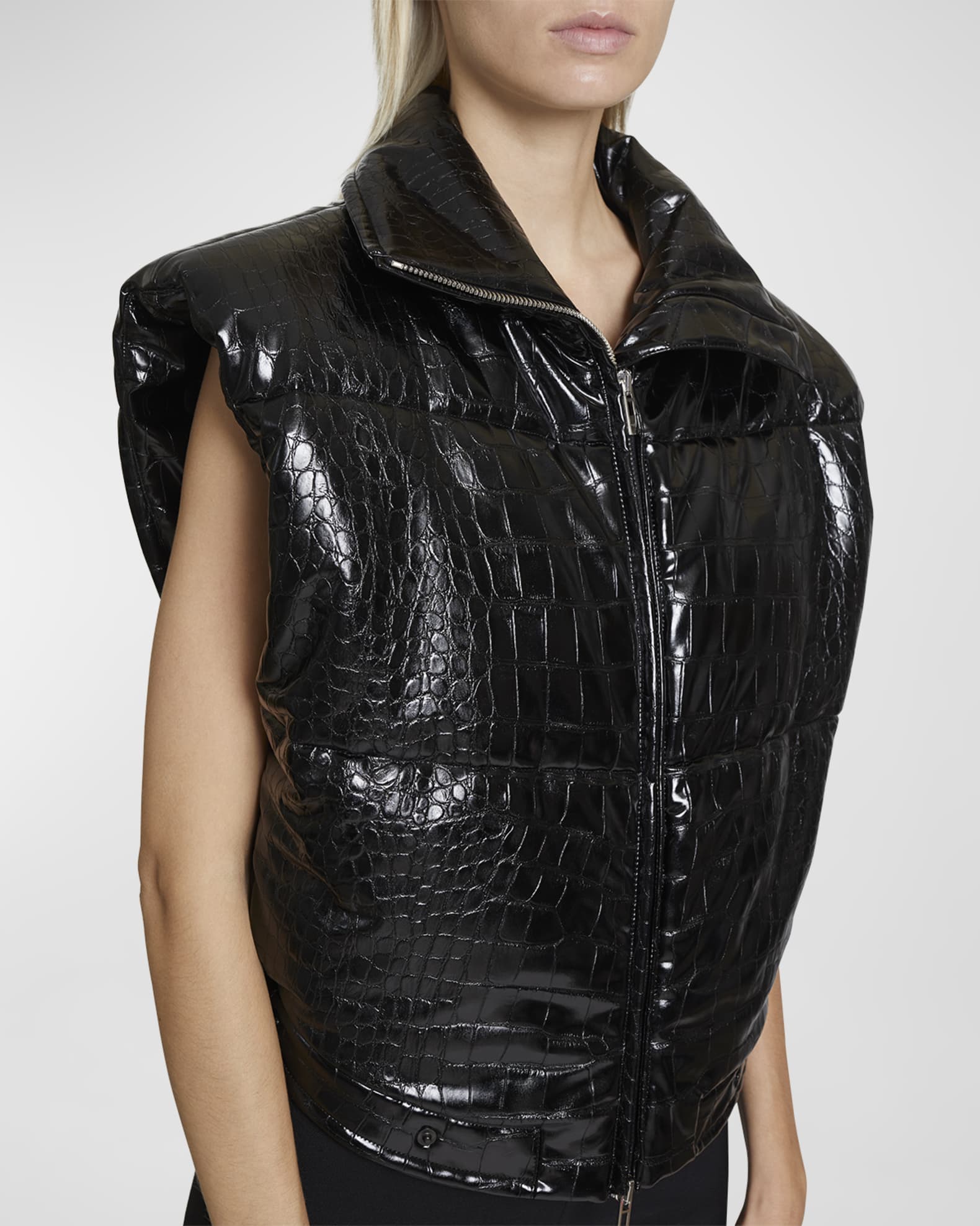 ALAIA Croc-Embossed Vegan Leather Puffer Vest | Neiman Marcus