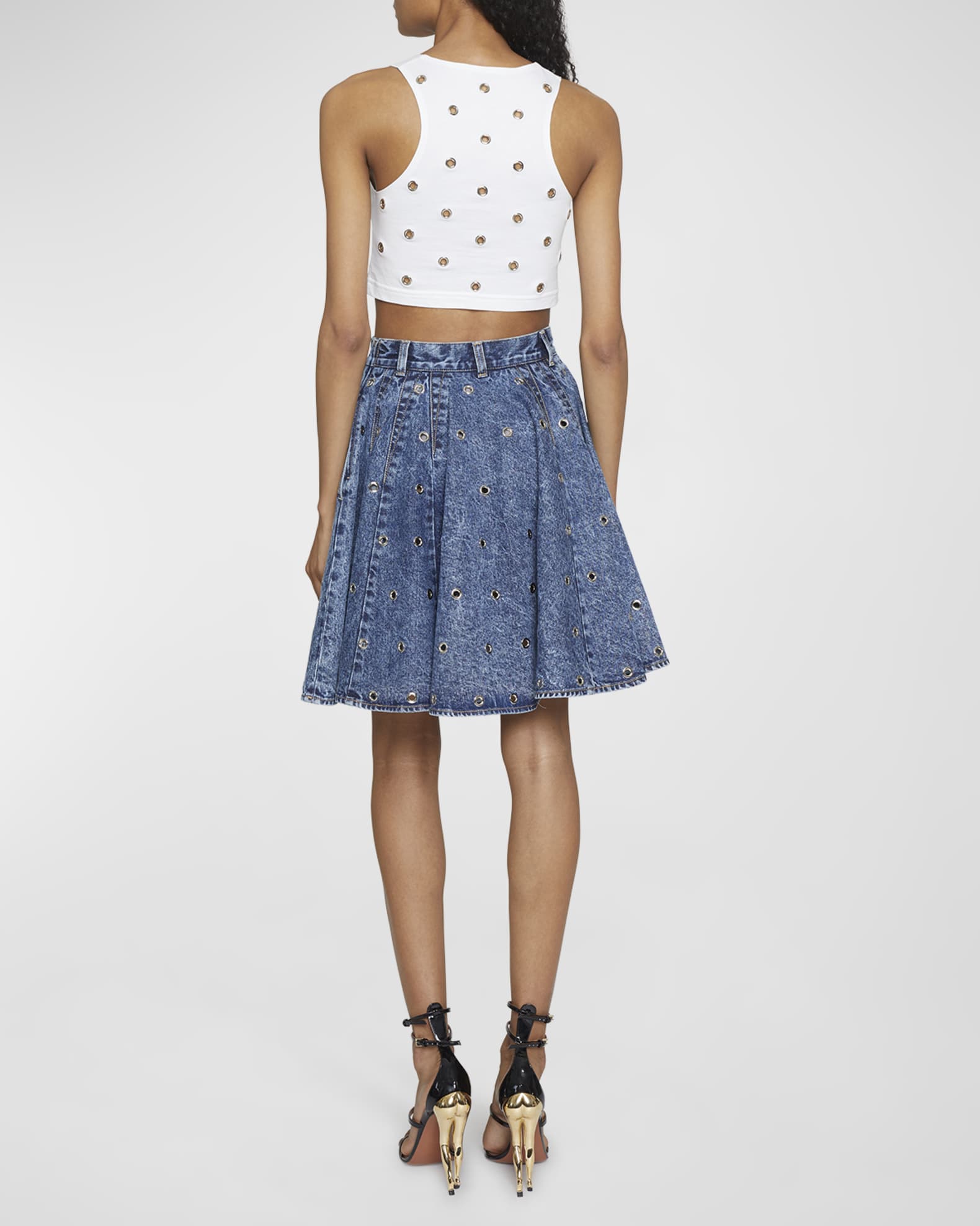 ALAIA Grommet Eyelet Acid-Wash Denim Skater Skirt | Neiman Marcus