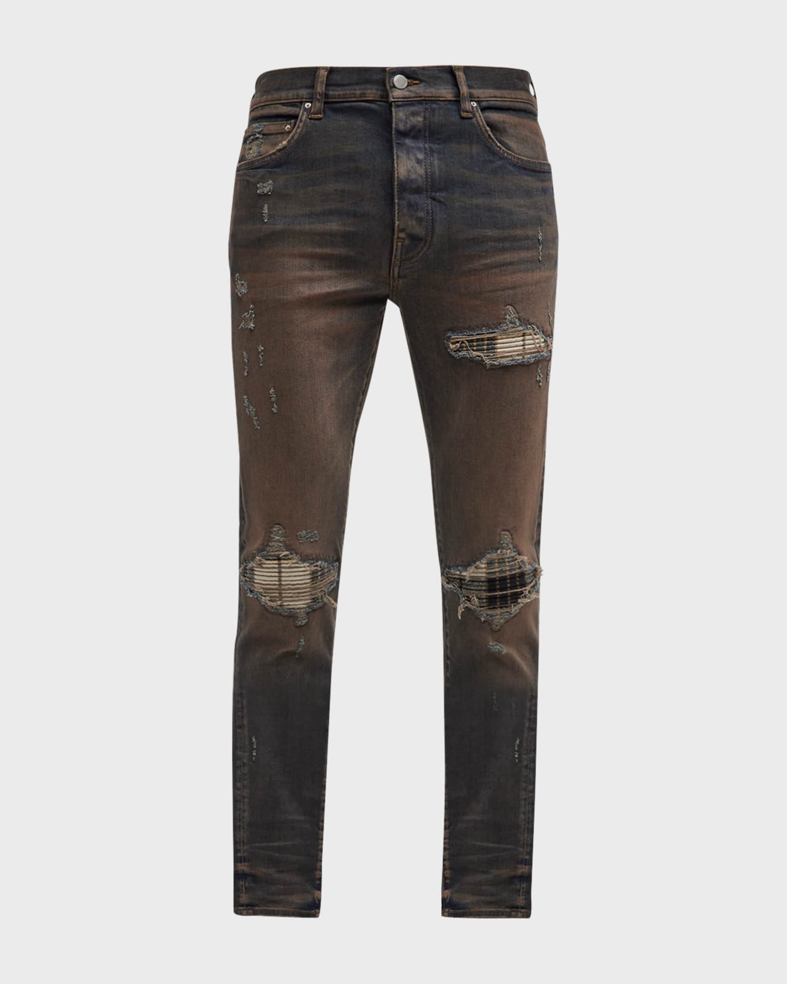 Amiri Men's MX1 Plaid-Patch Skinny Jeans | Neiman Marcus