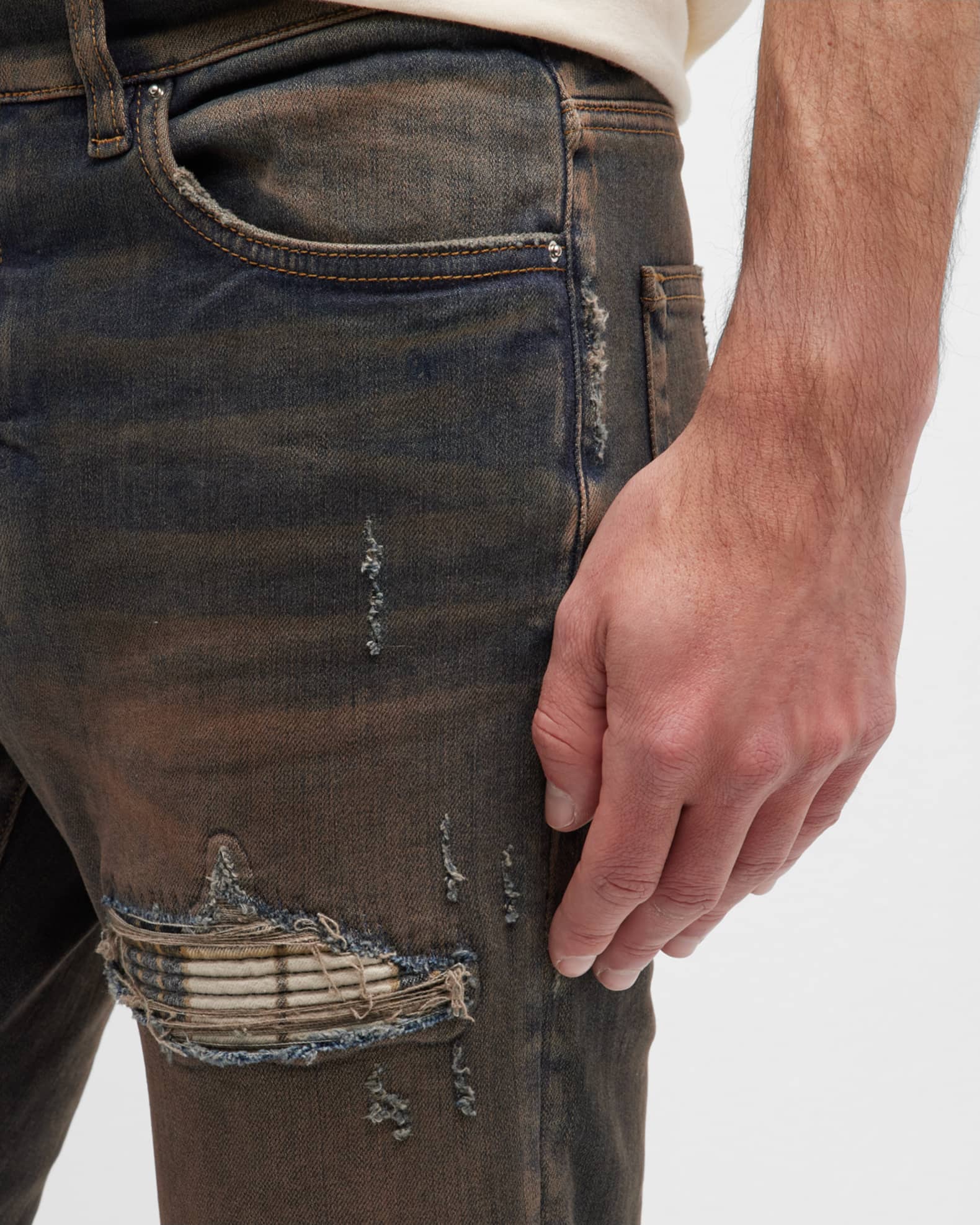 Amiri Men's MX1 Plaid-Patch Skinny Jeans | Neiman Marcus