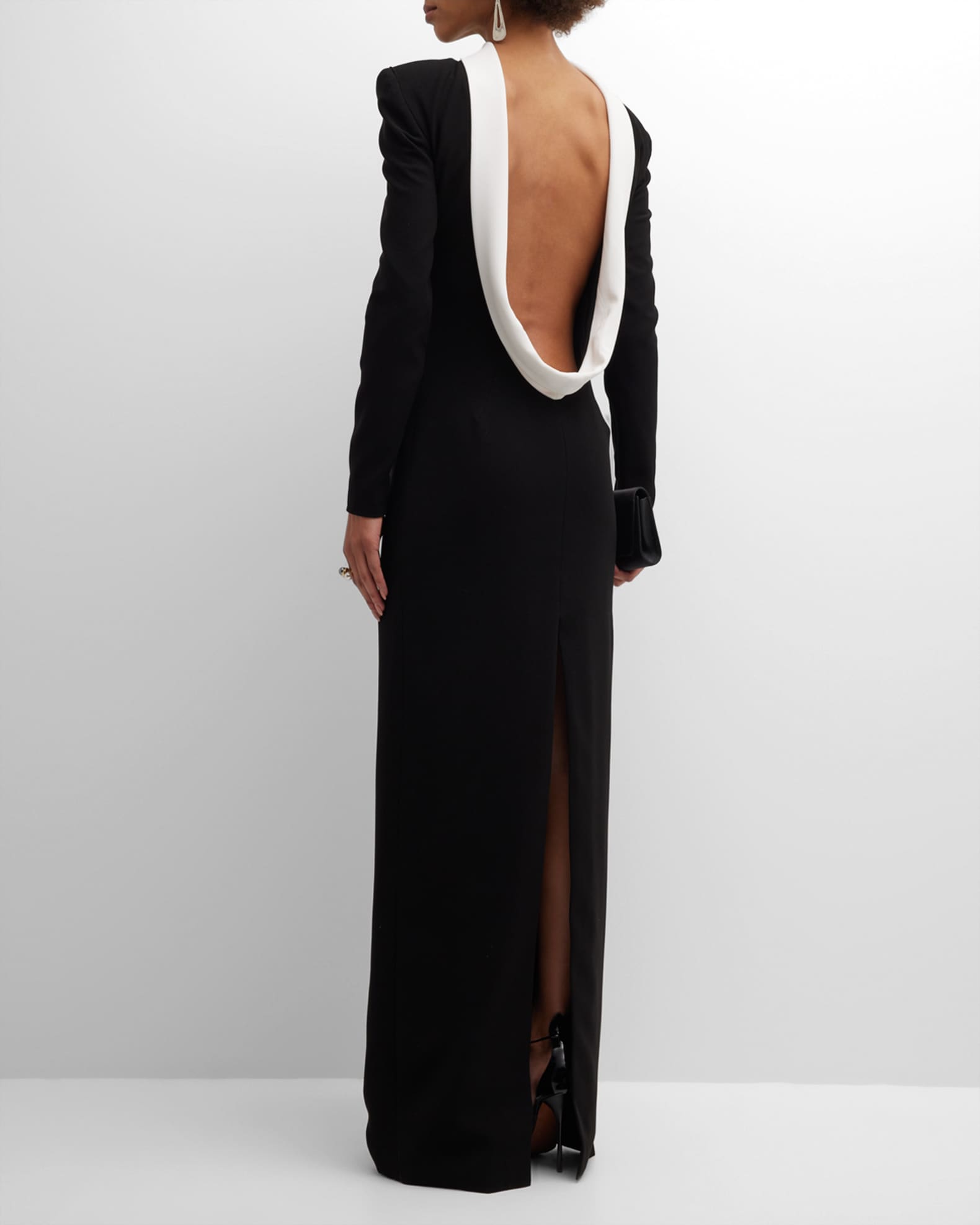 MONOT Strong-Shoulder Open-Back Long-Sleeve Gown | Neiman Marcus