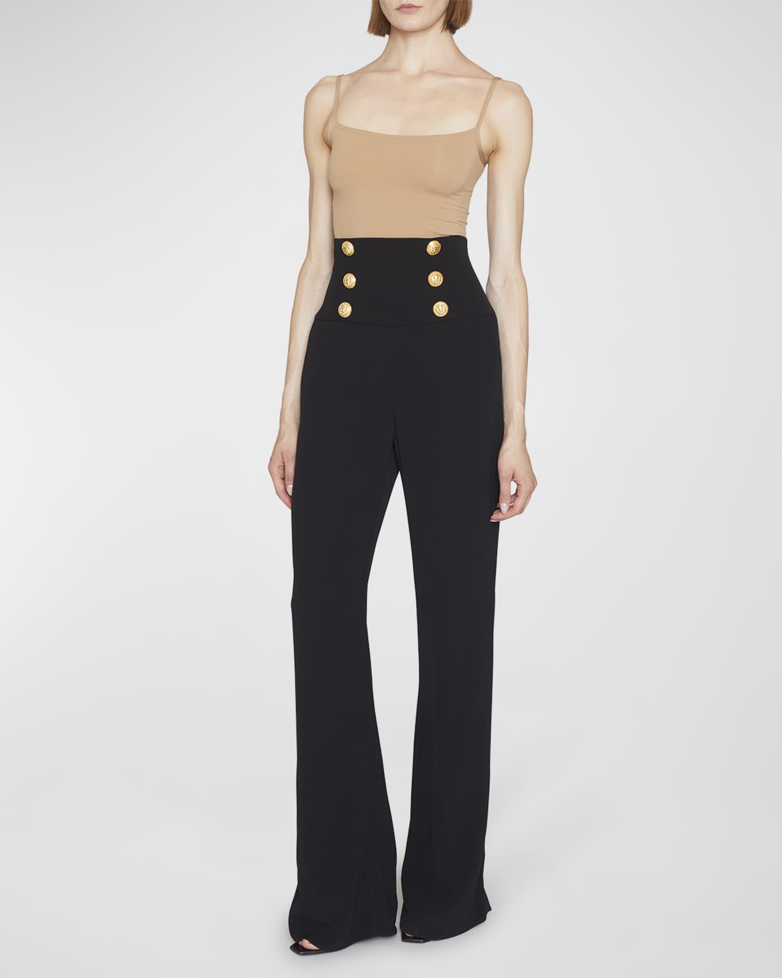 Balmain 6-Button Crepe Wide-Leg Pants | Neiman Marcus
