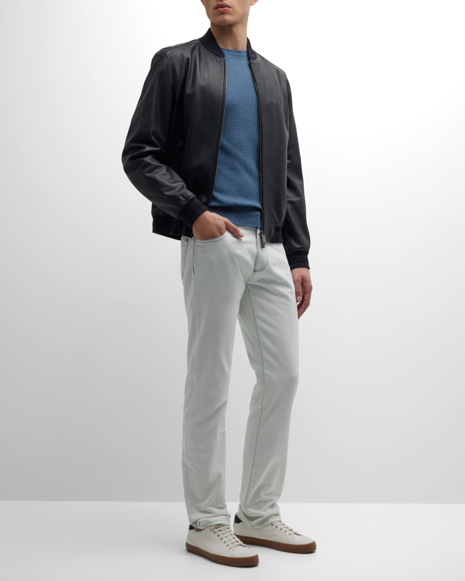 Canali Men's Midnight Leather Bomber Jacket | Neiman Marcus
