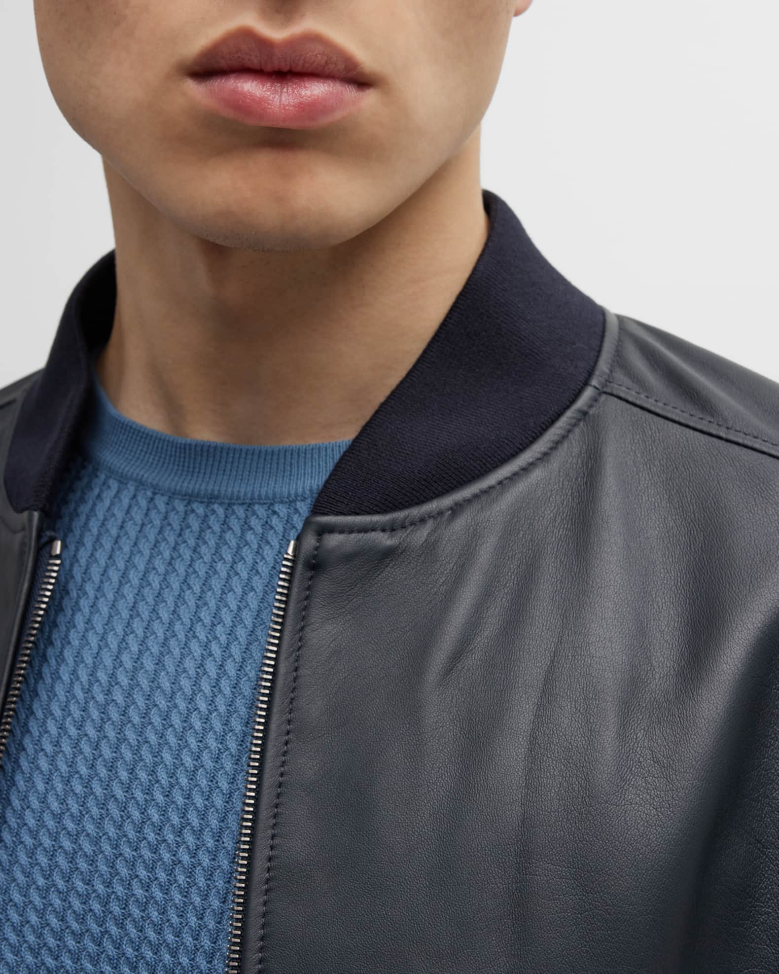 Canali Men's Midnight Leather Bomber Jacket | Neiman Marcus