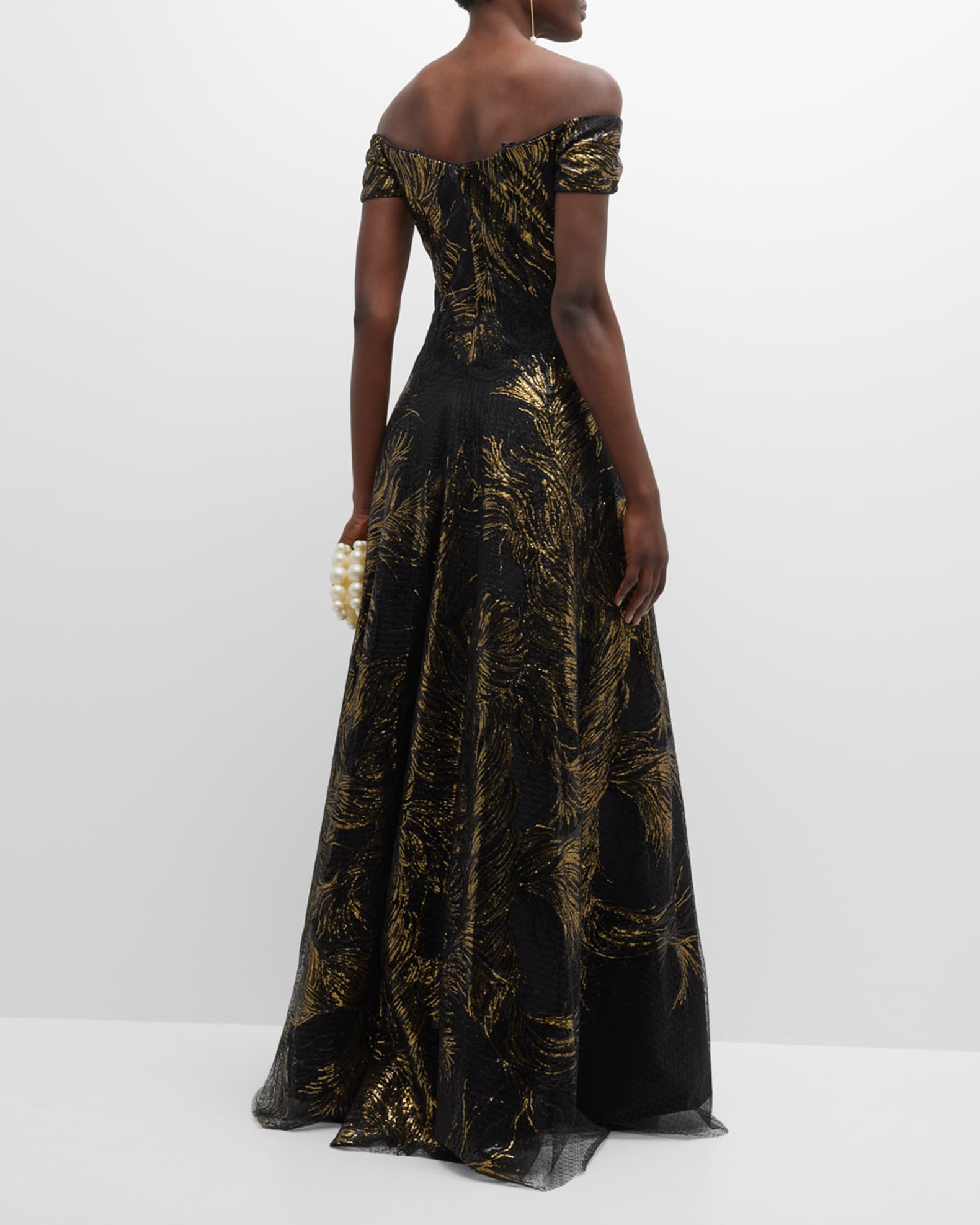 Rene Ruiz Collection Off-Shoulder Embroidered Sequin Gown | Neiman Marcus