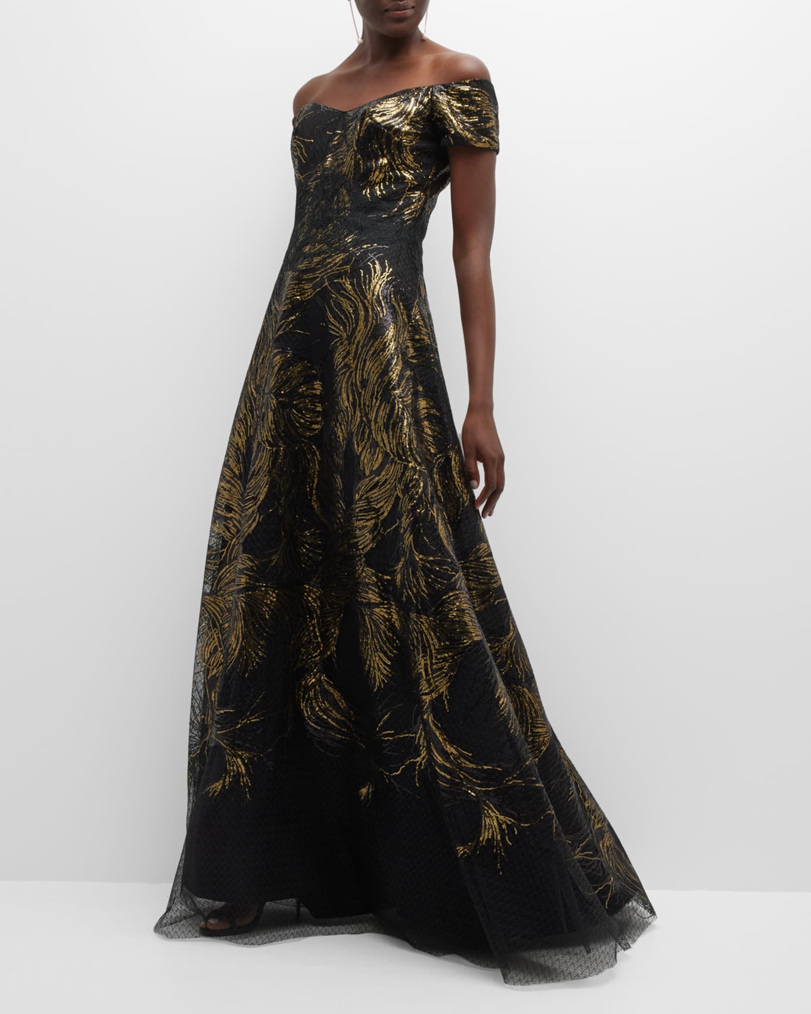 Rene Ruiz Collection Off-Shoulder Embroidered Sequin Gown | Neiman Marcus