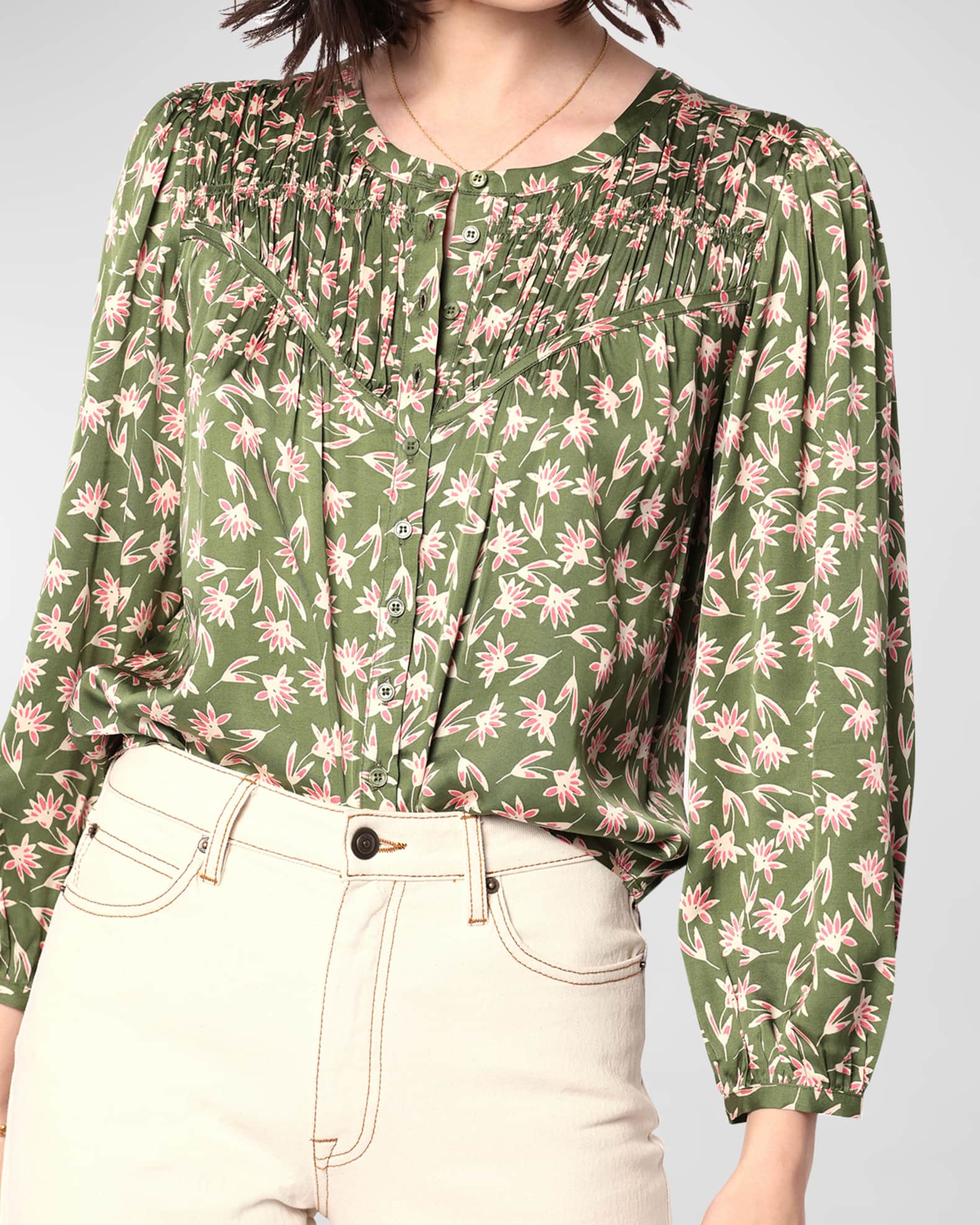 Joie Fanning Shirred Floral-Print Blouse | Neiman Marcus