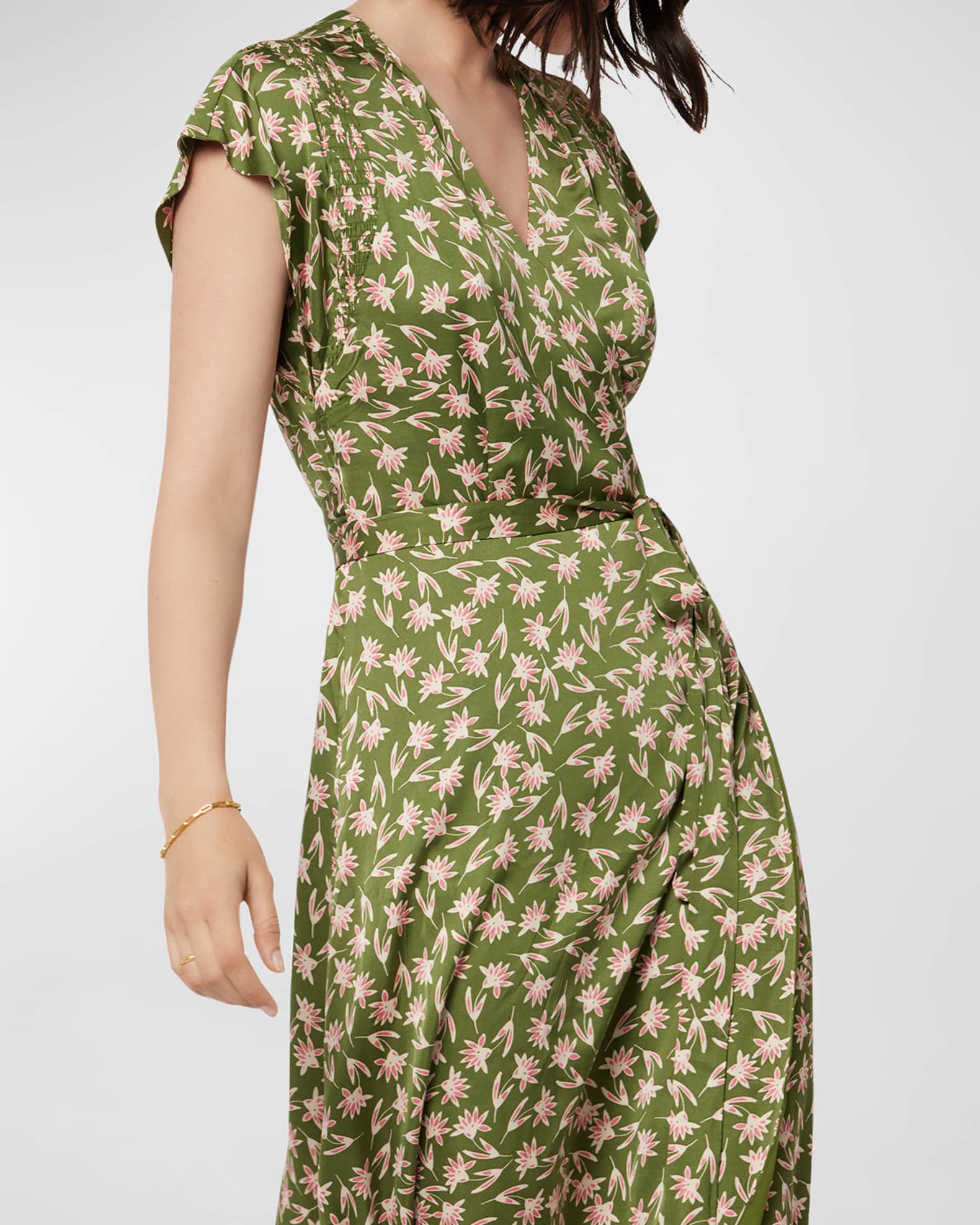 Joie Sami Floral-Print Wrapped Midi Dress | Neiman Marcus