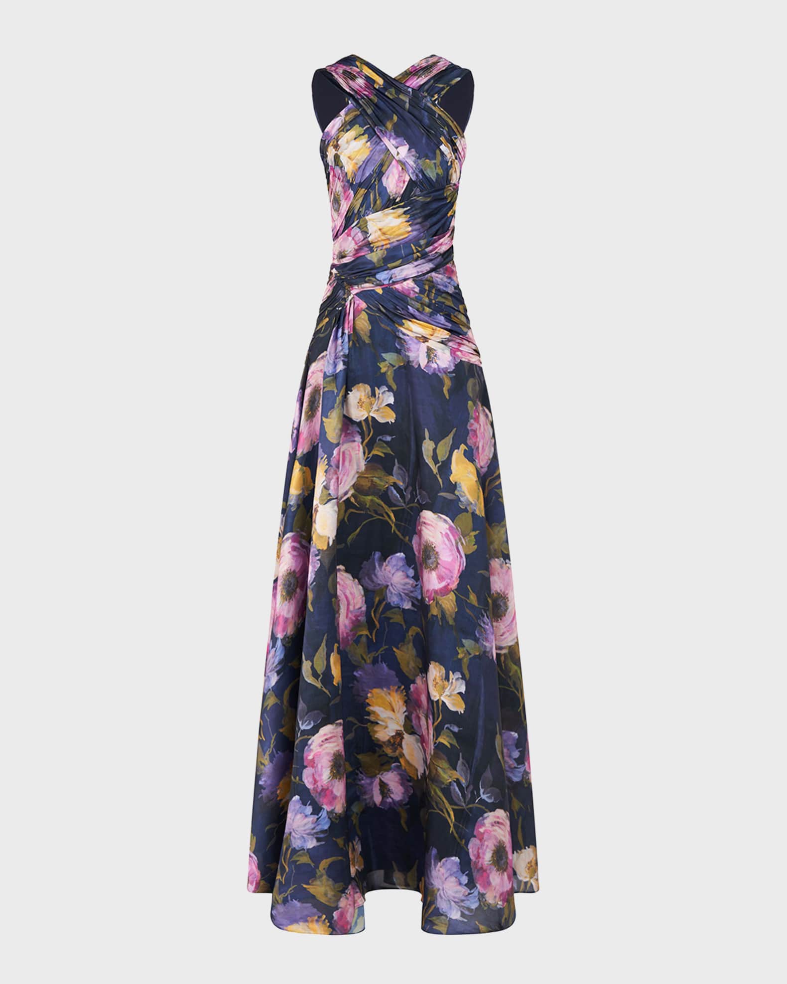 Theia Mimi Ruched Floral-Print Halter Gown | Neiman Marcus