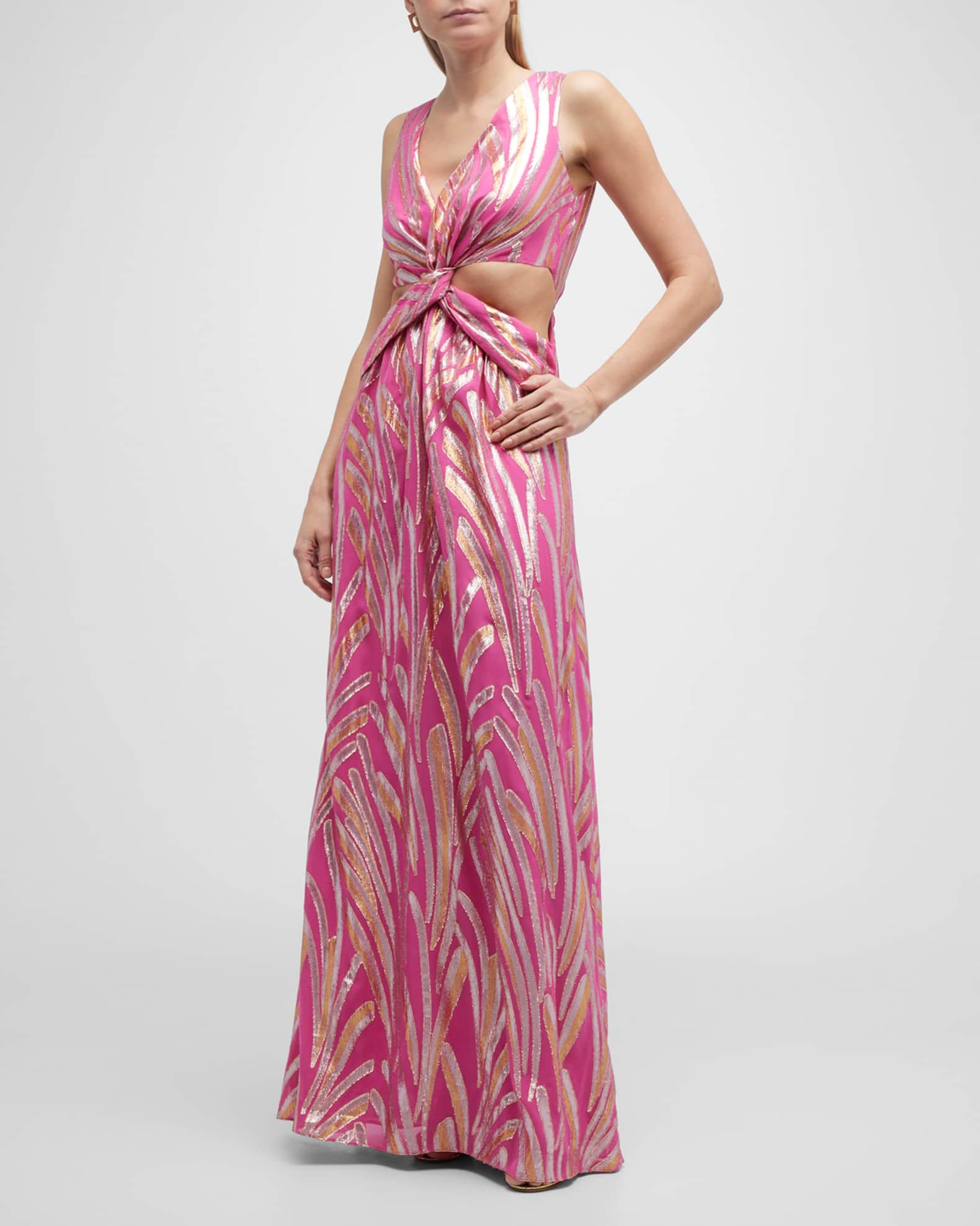 Ramy Brook Irene Twist-Front Cutout Jacquard Gown | Neiman Marcus