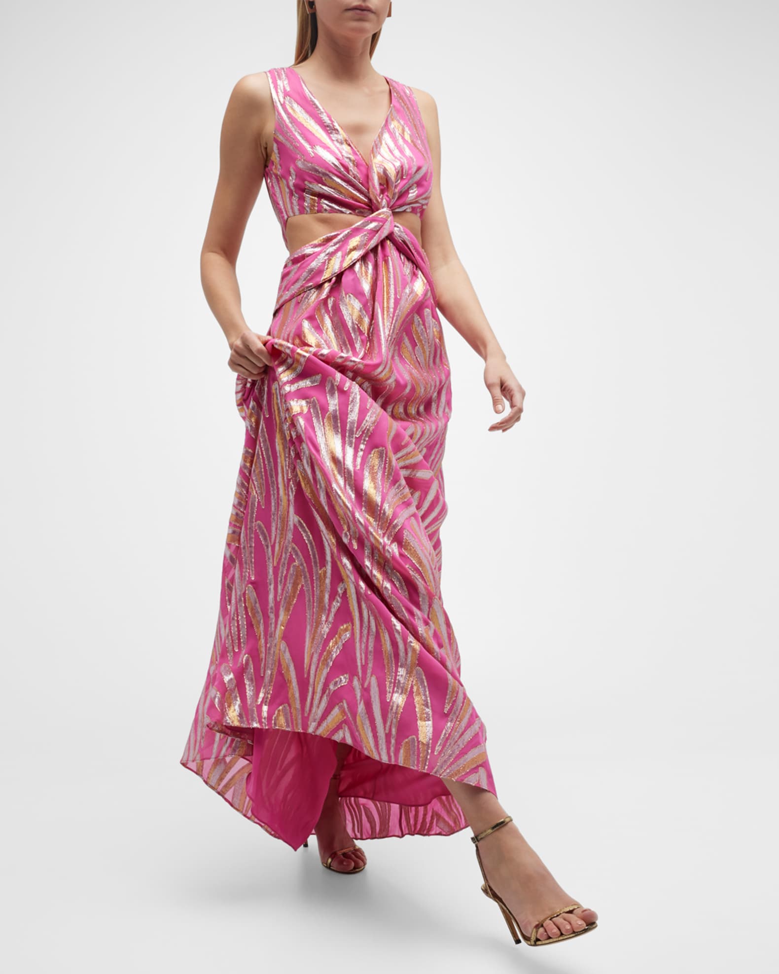 Ramy Brook Irene Twist-Front Cutout Jacquard Gown | Neiman Marcus