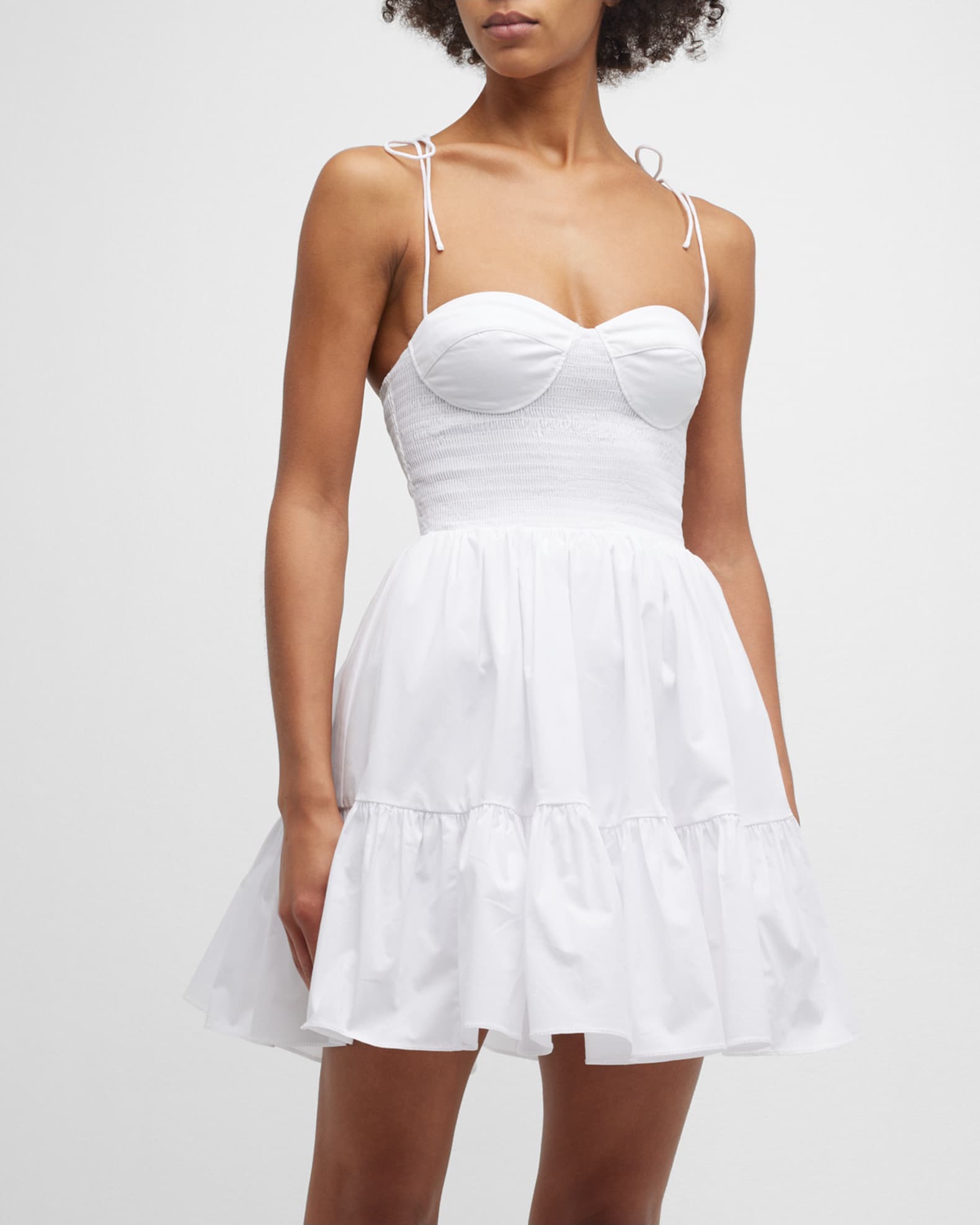 Staud Landry Smocked Corset Ruffle-Hem Mini Dress | Neiman Marcus