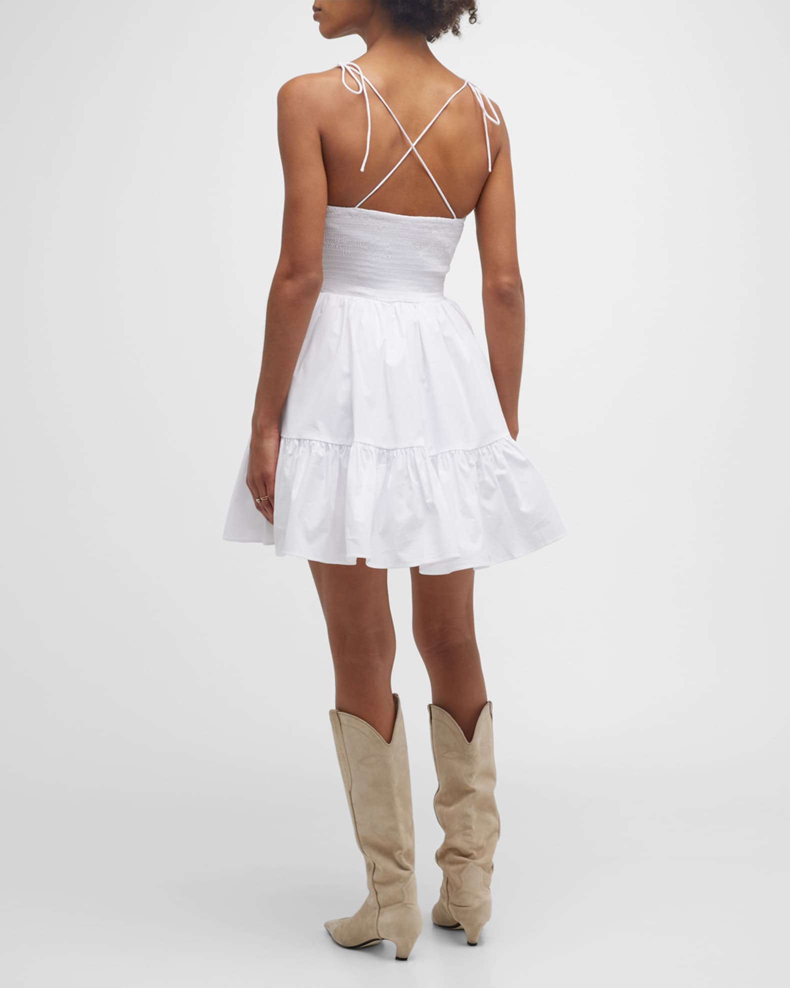 Staud Landry Smocked Corset Ruffle-Hem Mini Dress | Neiman Marcus