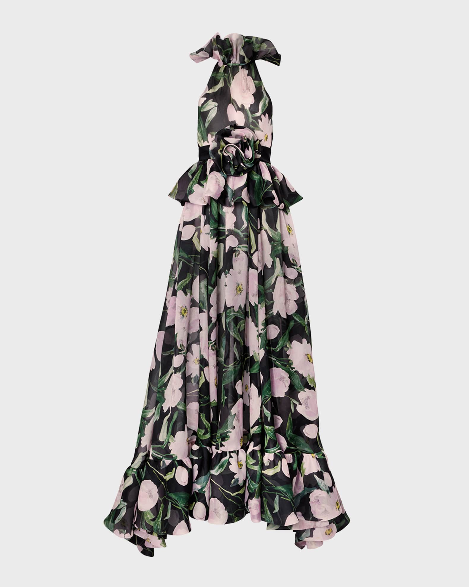 Carolina Herrera Floral-Print Ruffle High-Neck Rosette-Waist Chiffon ...