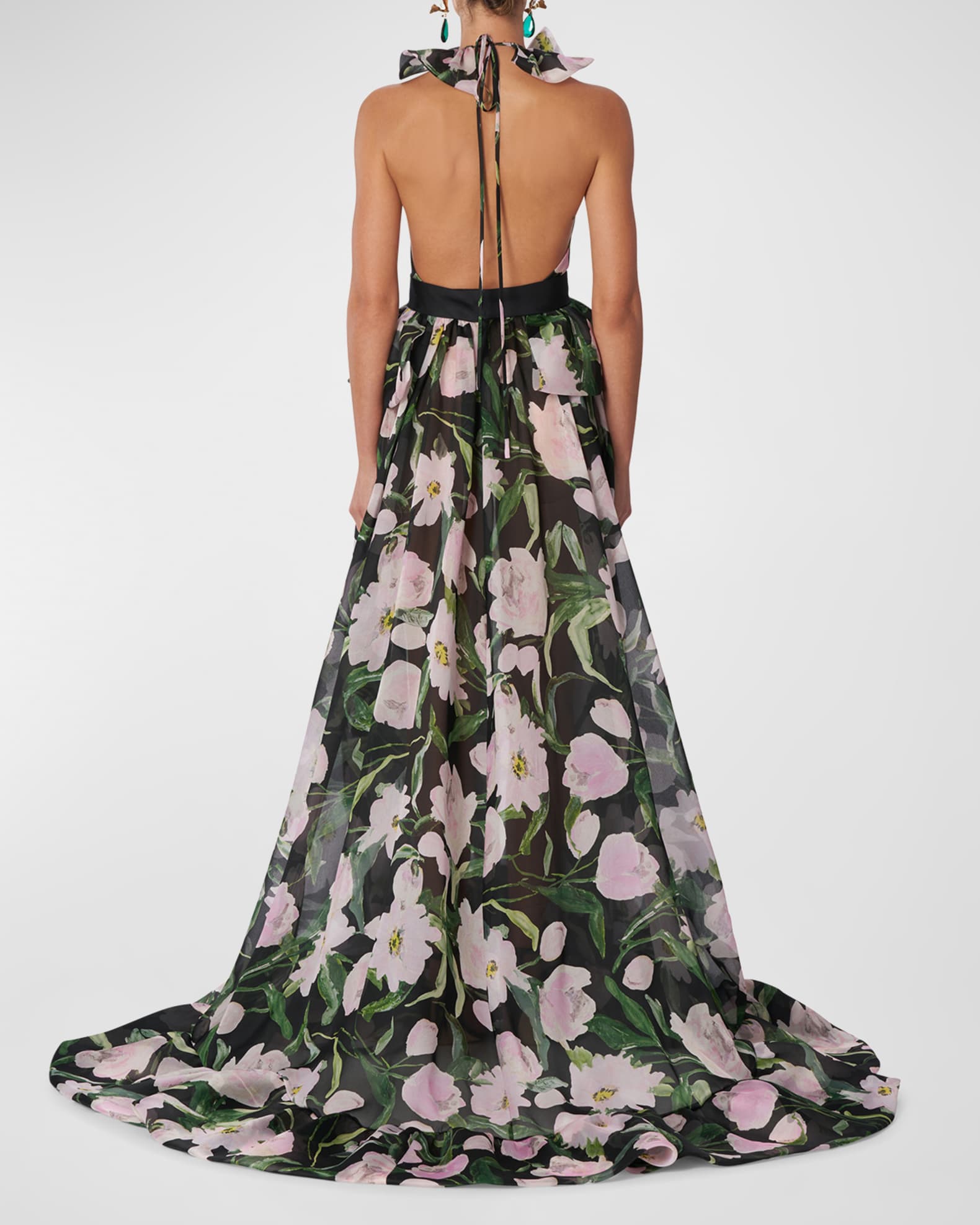 Carolina Herrera Floral-Print Ruffle High-Neck Rosette-Waist Chiffon ...