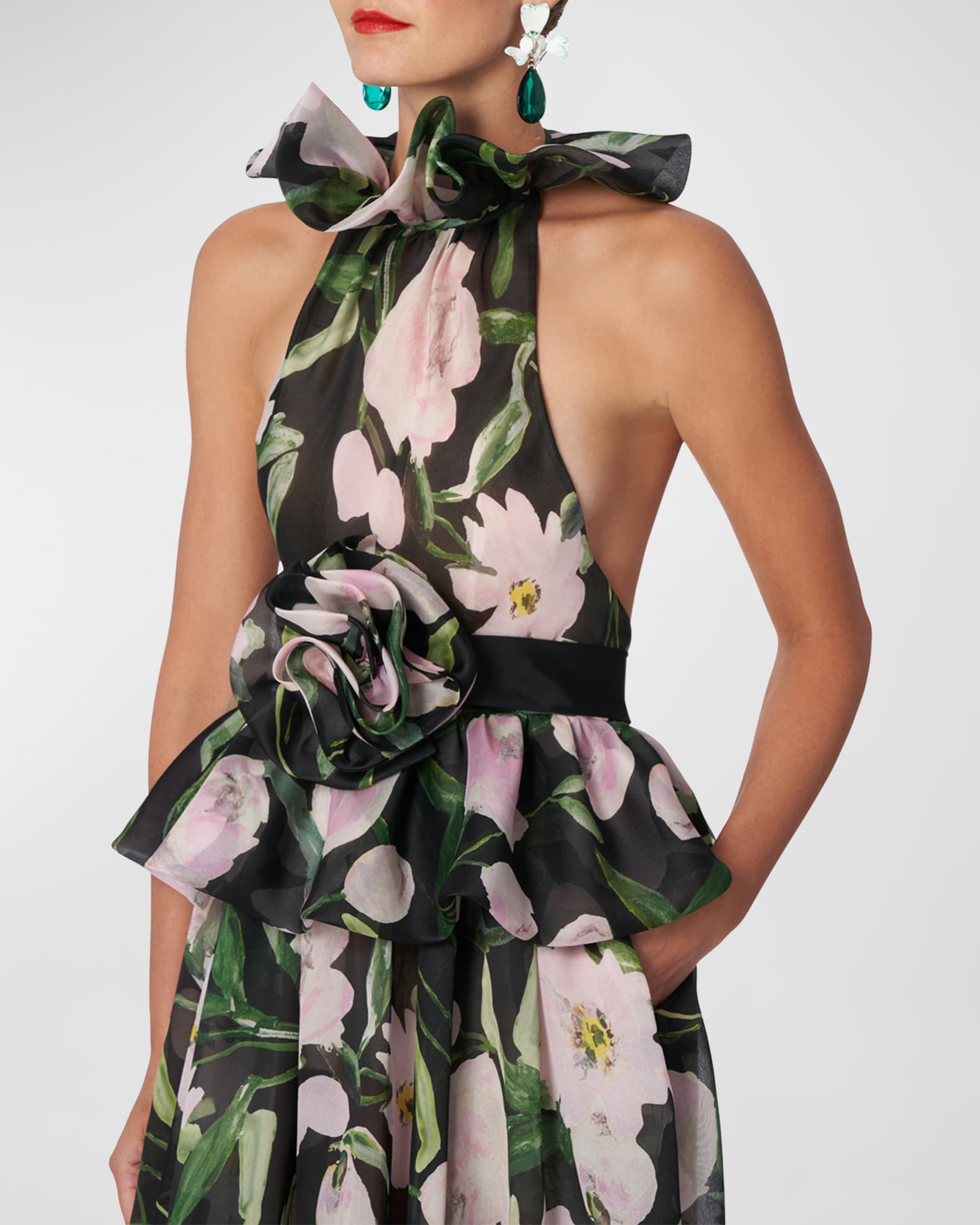 Carolina Herrera Floral-Print Ruffle High-Neck Rosette-Waist Chiffon ...
