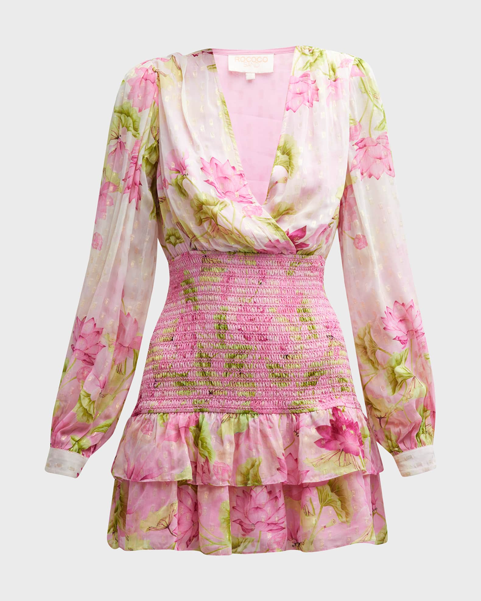 ROCOCO SAND Short Smocked Floral Tiered Mini Dress | Neiman Marcus
