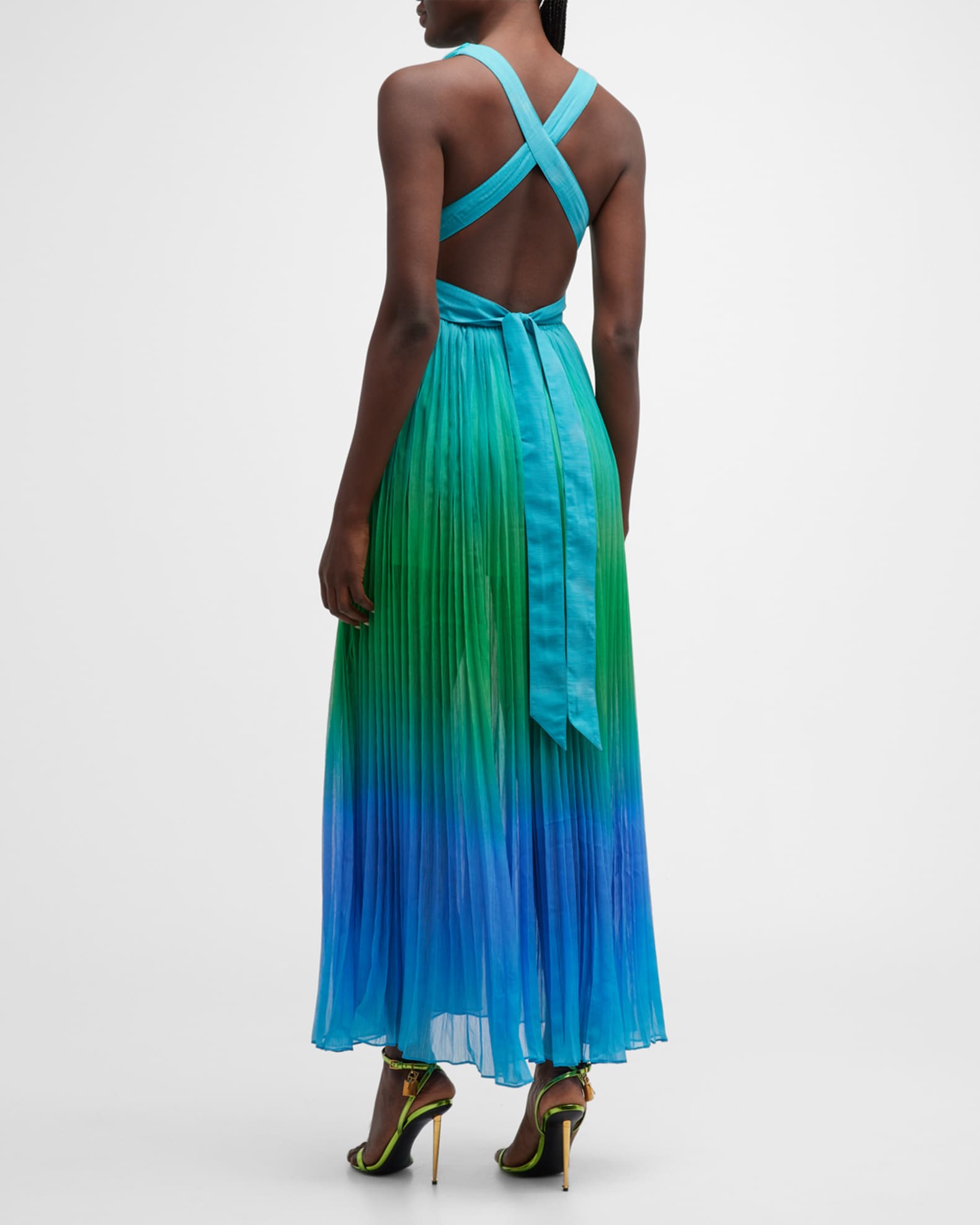 ROCOCO SAND Long Ombre Pleated Crisscross-Strap Dress | Neiman Marcus