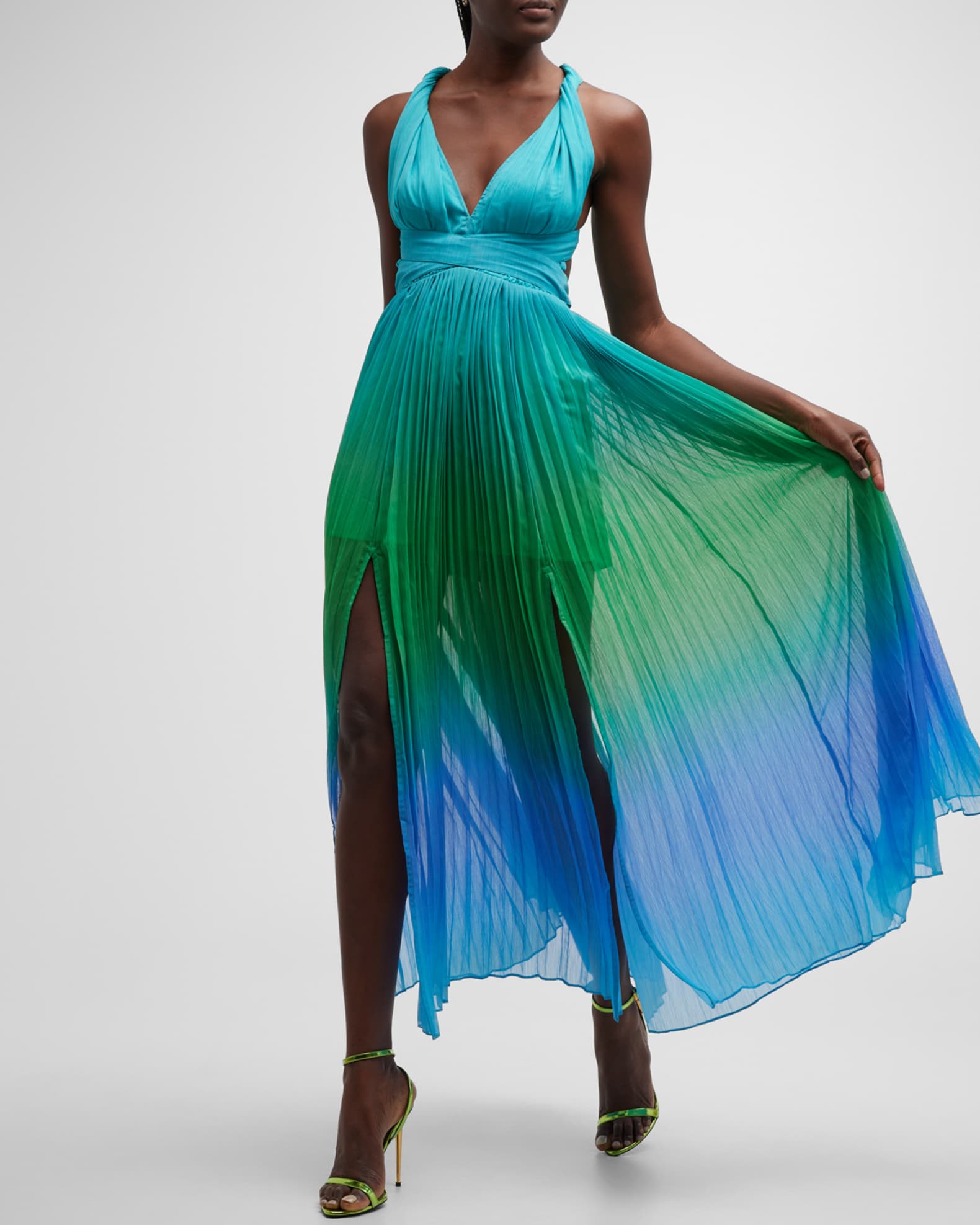ROCOCO SAND Long Ombre Pleated Crisscross-Strap Dress | Neiman Marcus