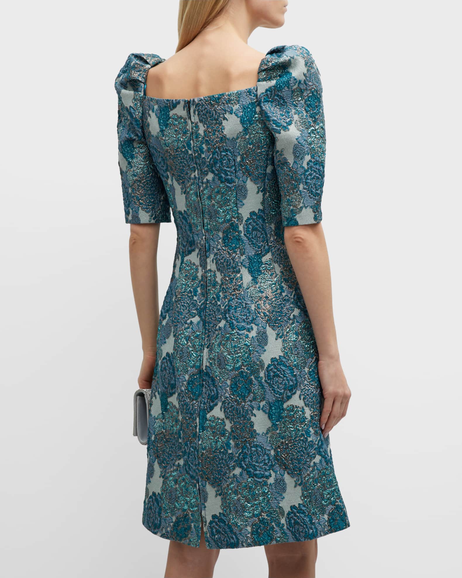 Rickie Freeman For Teri Jon Puff Sleeve Square Neck Floral Jacquard