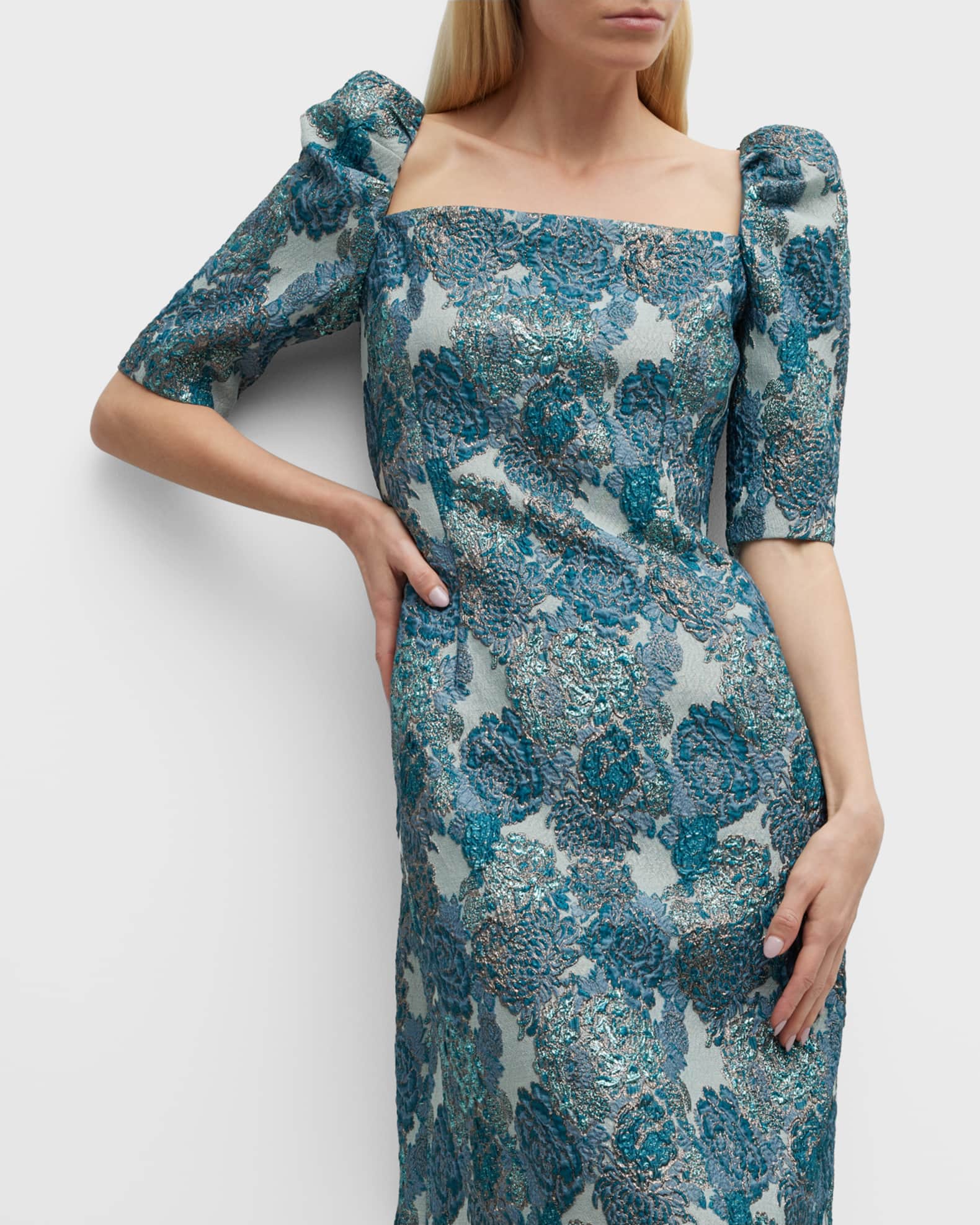 Rickie Freeman For Teri Jon Puff Sleeve Square Neck Floral Jacquard