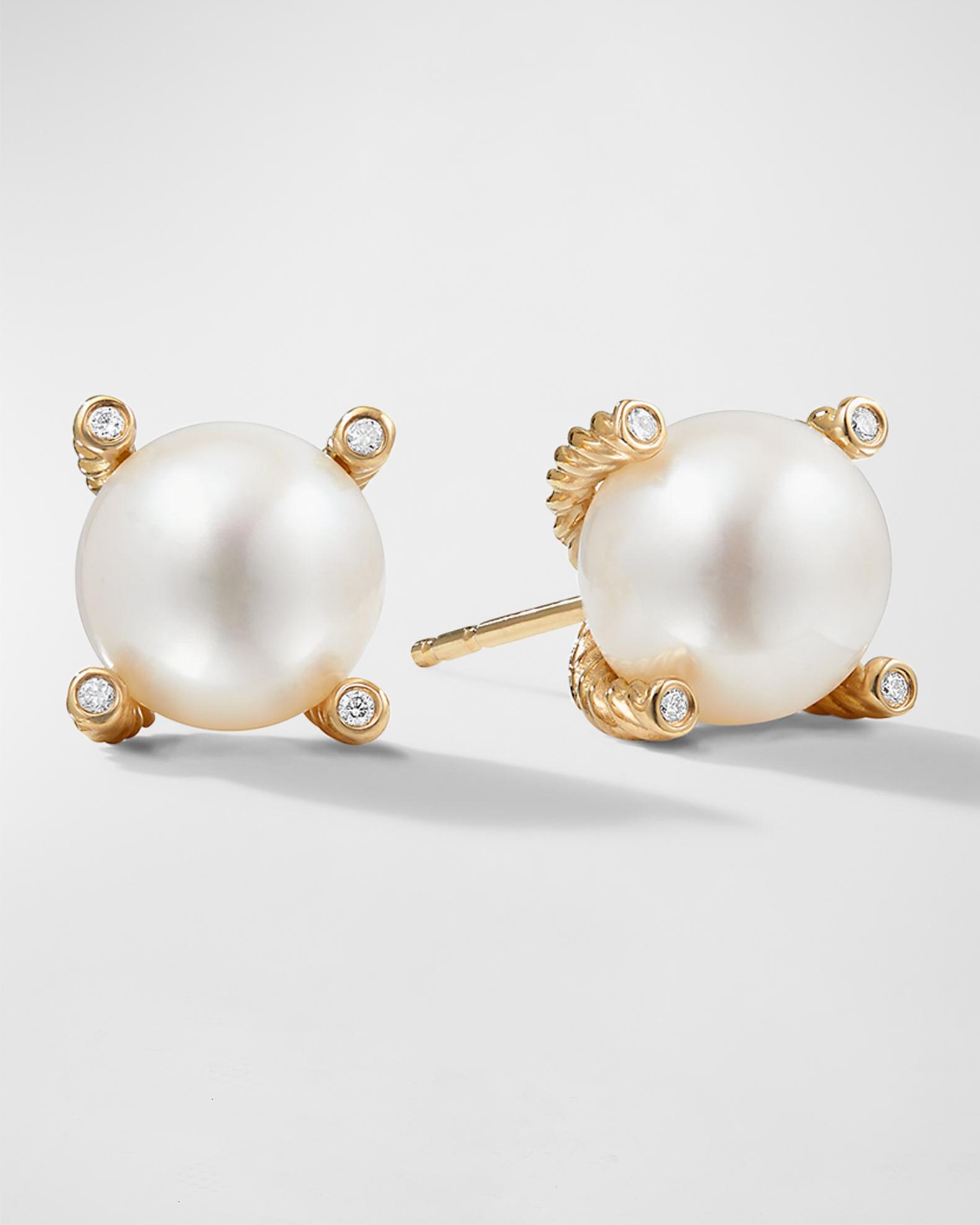 David Yurman Cable Pearl Stud Earrings with Diamonds in 18K Gold, 14mm ...