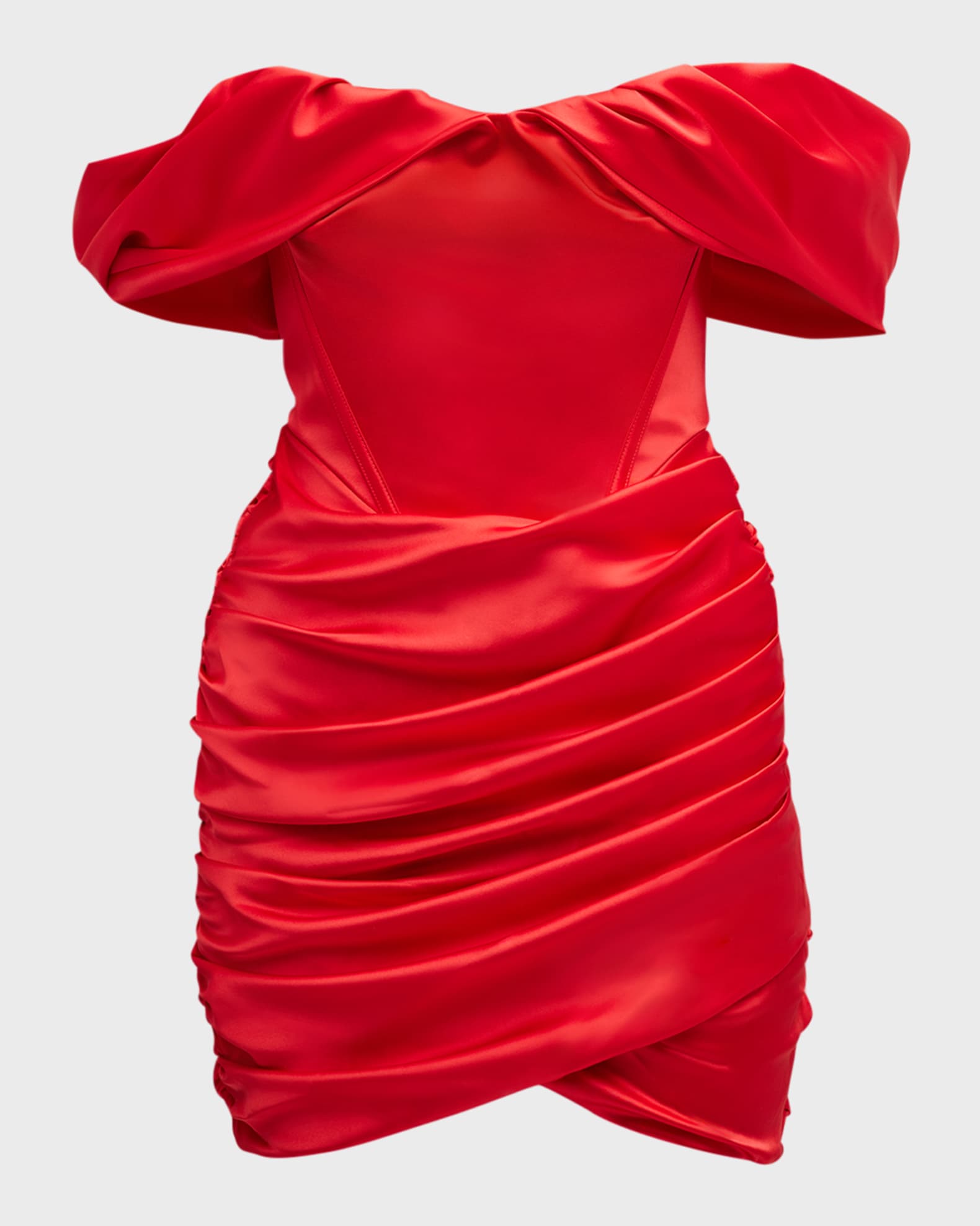 GIGII'S Lydia Off-Shoulder Ruched Satin Mini Dress | Neiman Marcus