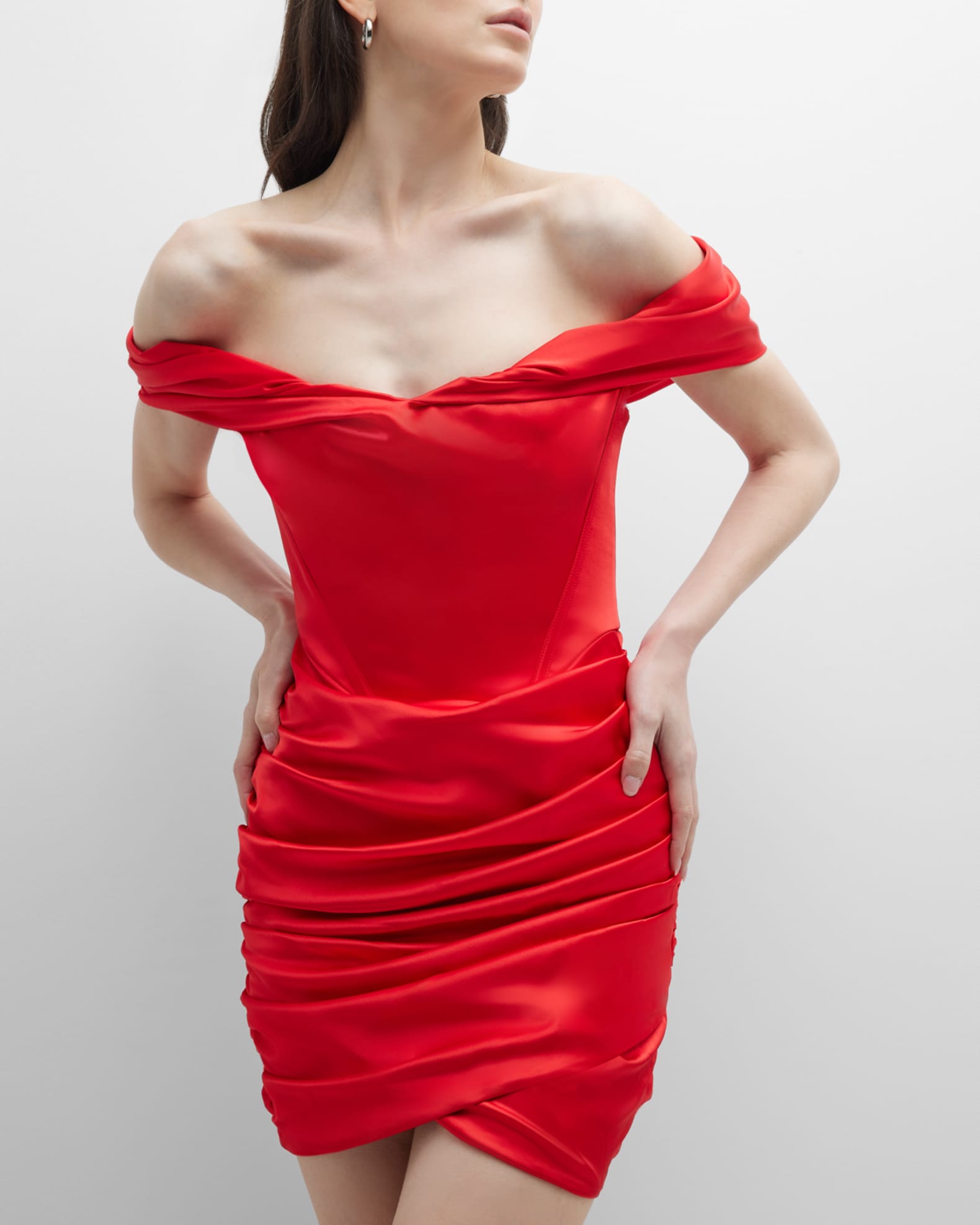 GIGII'S Lydia Off-Shoulder Ruched Satin Mini Dress | Neiman Marcus