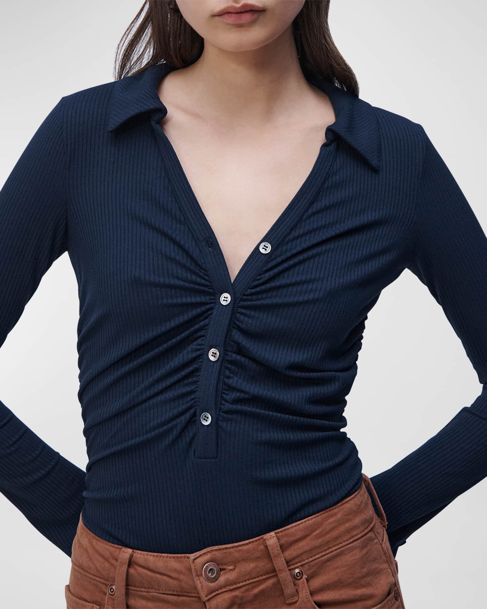 SIMKHAI Allen Marled Shaping Rib Polo Bodysuit | Neiman Marcus