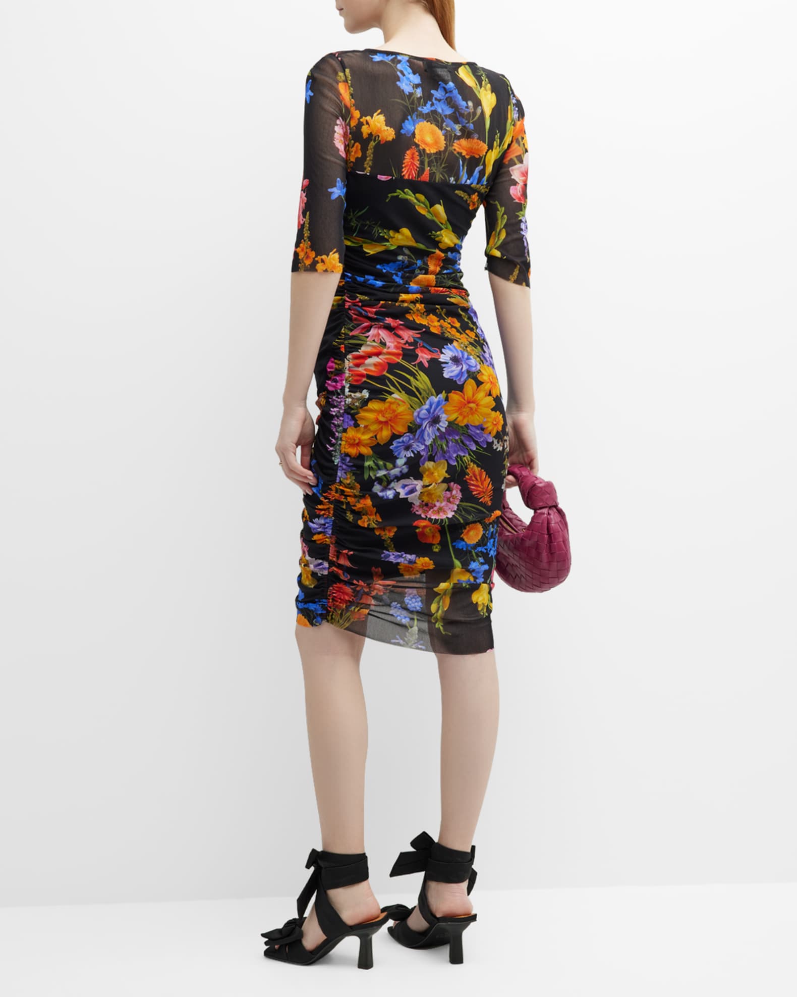 Fuzzi Ruched Floral-Print Bodycon Tulle Dress | Neiman Marcus