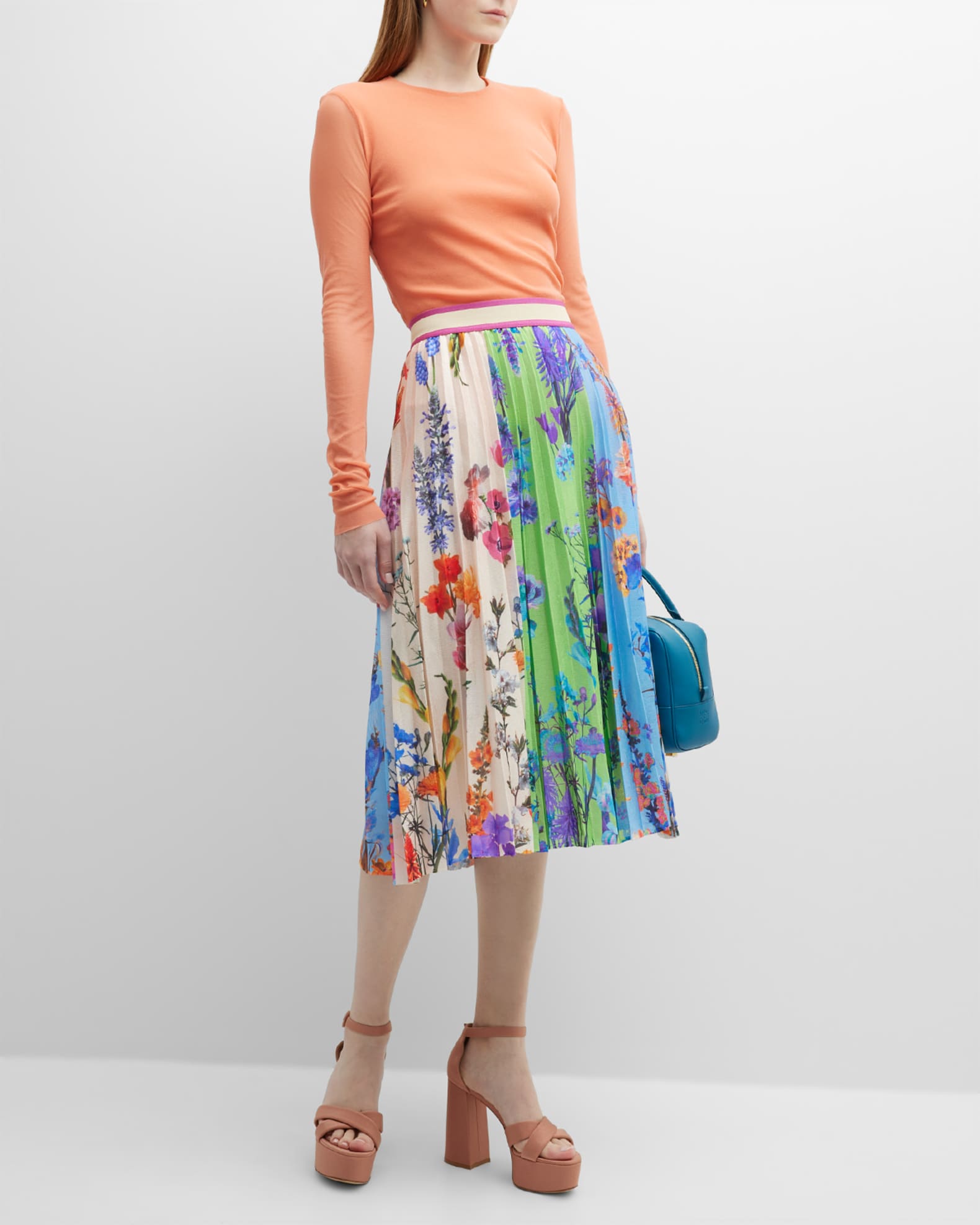 Fuzzi Pleated Floral-Print A-Line Midi Skirt | Neiman Marcus