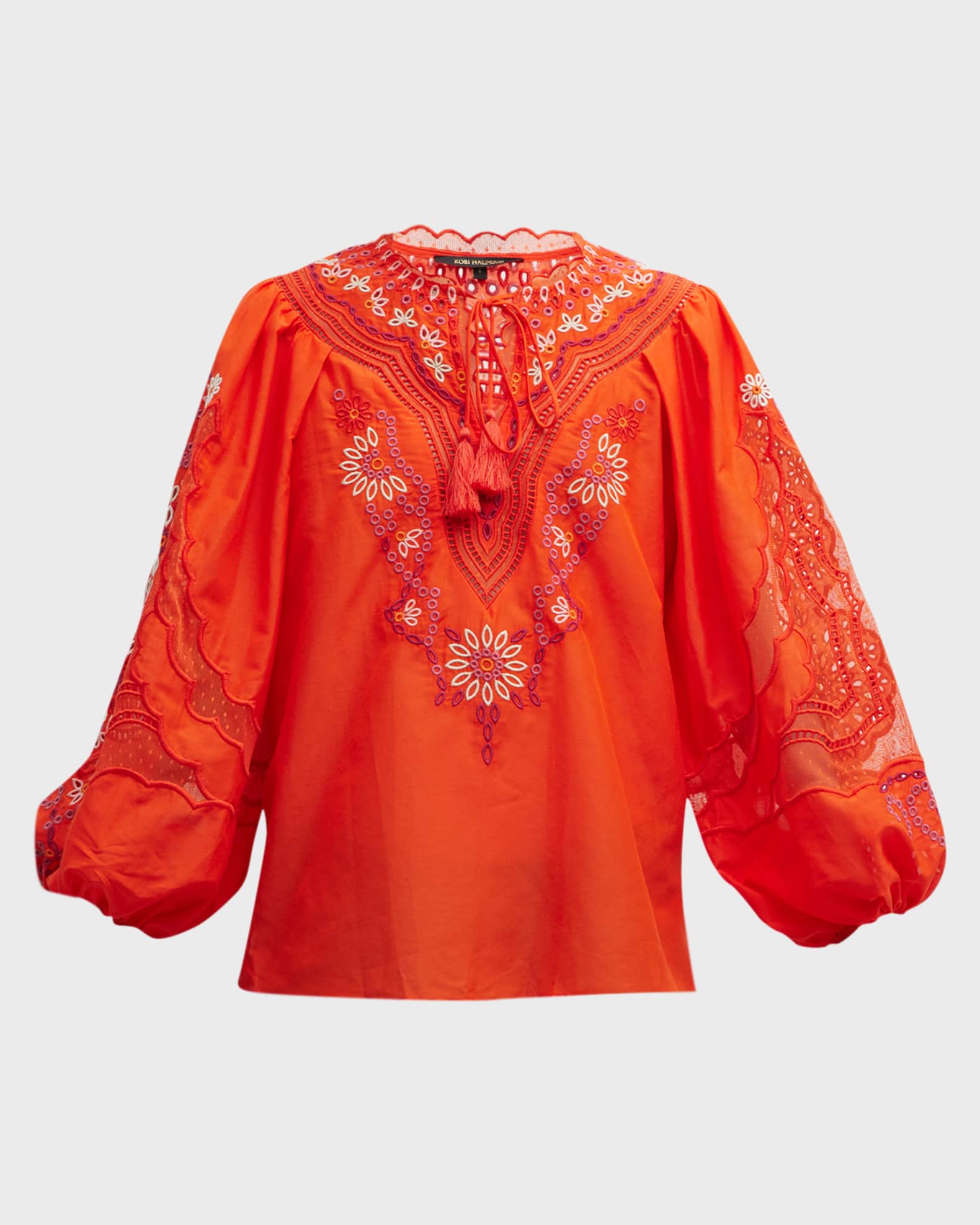 Kobi Halperin Blythe Floral-Embroidered Blouson-Sleeve Blouse | Neiman ...
